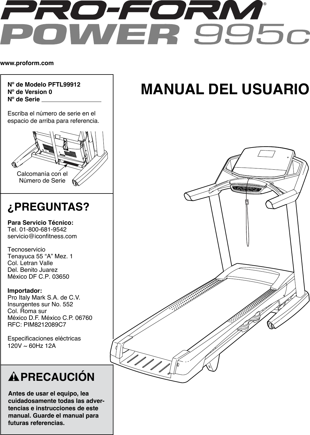 Proform Pftl999120 Power 995 C Treadmill Users Manual