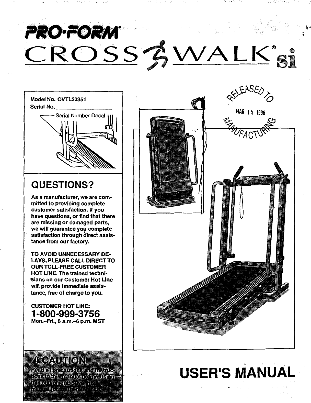 Proform Qvtl20351 Crosswalk Si Treadmill Users Manual
