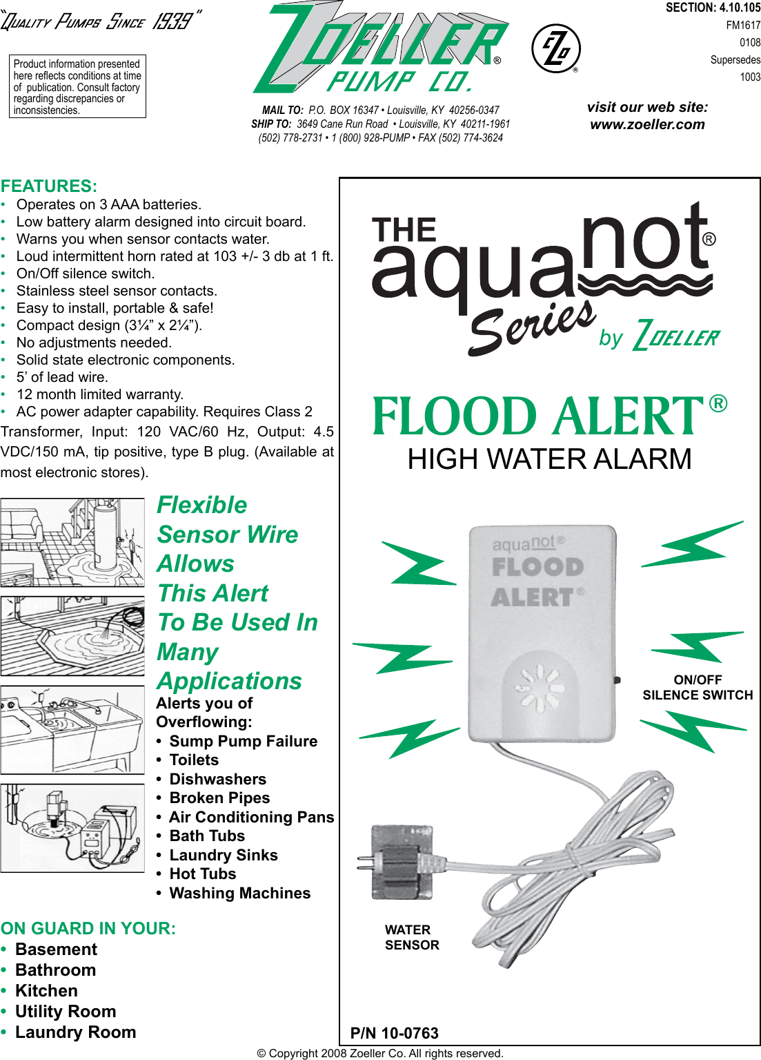 258 1 10 0763 Product Overview Fm1617 Aquanot Flood Alert Catalog Sheet User Manual