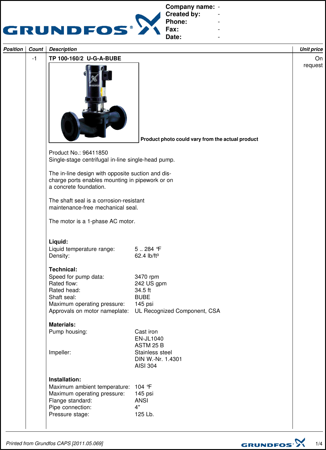 535009 1 Grundfos Tp 100 Submittal Print/Preview User Manual