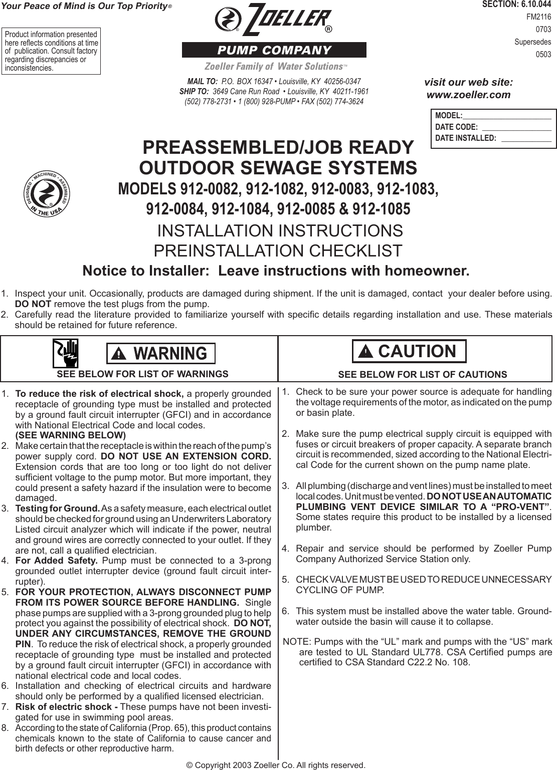 536965 3 Zoeller 912 Sewage Package Installation Instructions User Manual