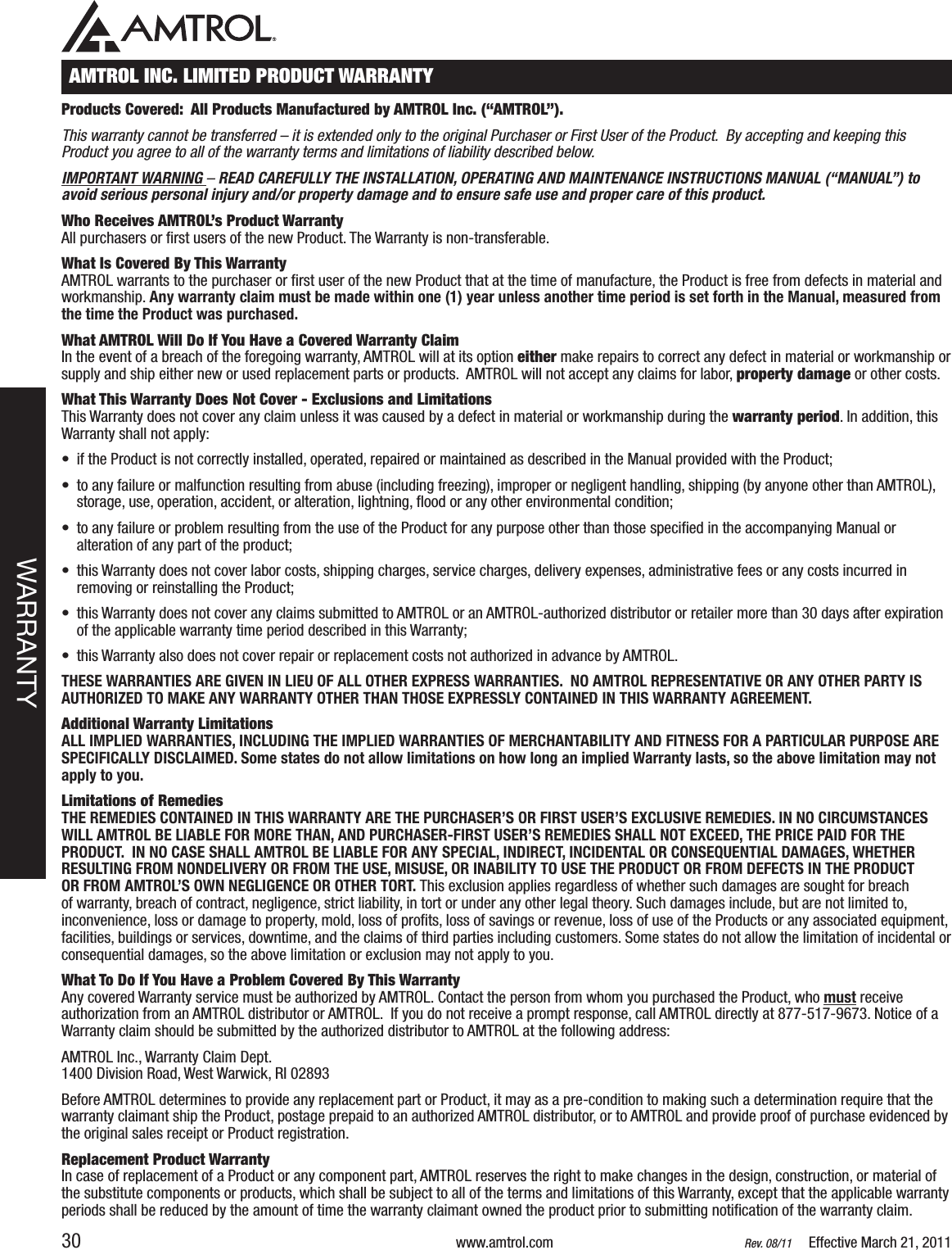 537455 3 Amtrol Warranty User Manual