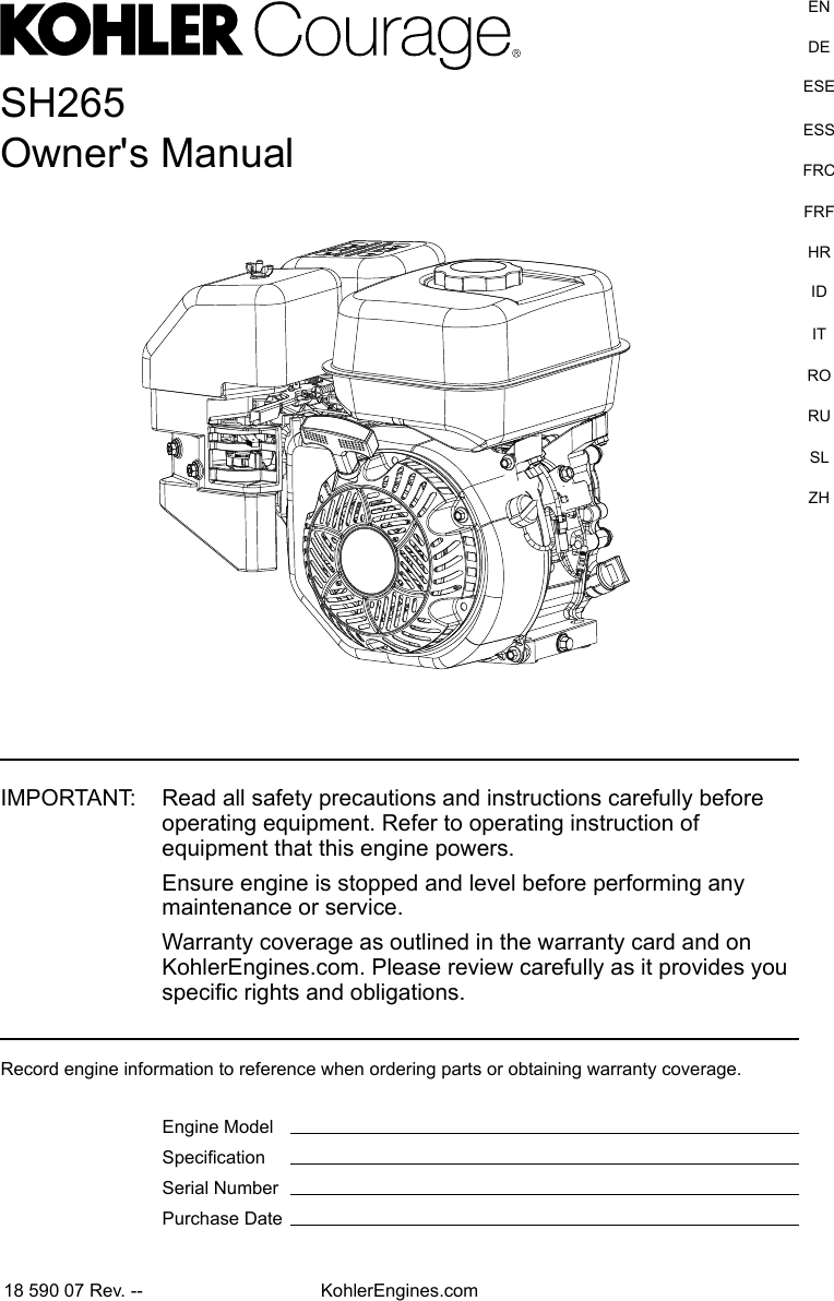 548524 3 Kohler Courage SH265 Engine Owners Manual