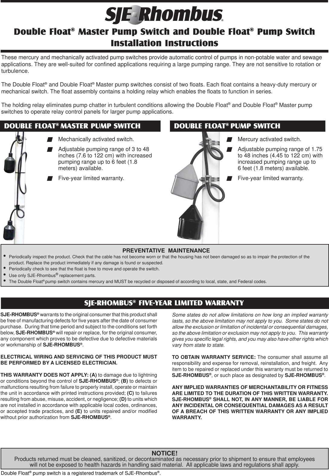 1017691G DF&DFM8.5x11 548802 3 SJE Rhombus Double Float Master Installation Instructions