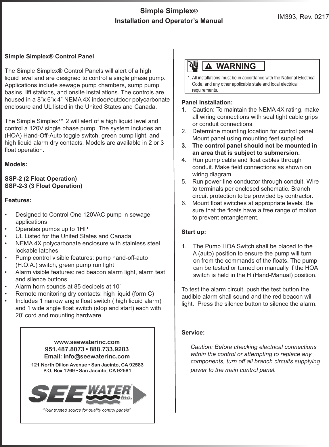 551222 2 See Water Inc. Simple Simplex Control Panel Installation ...