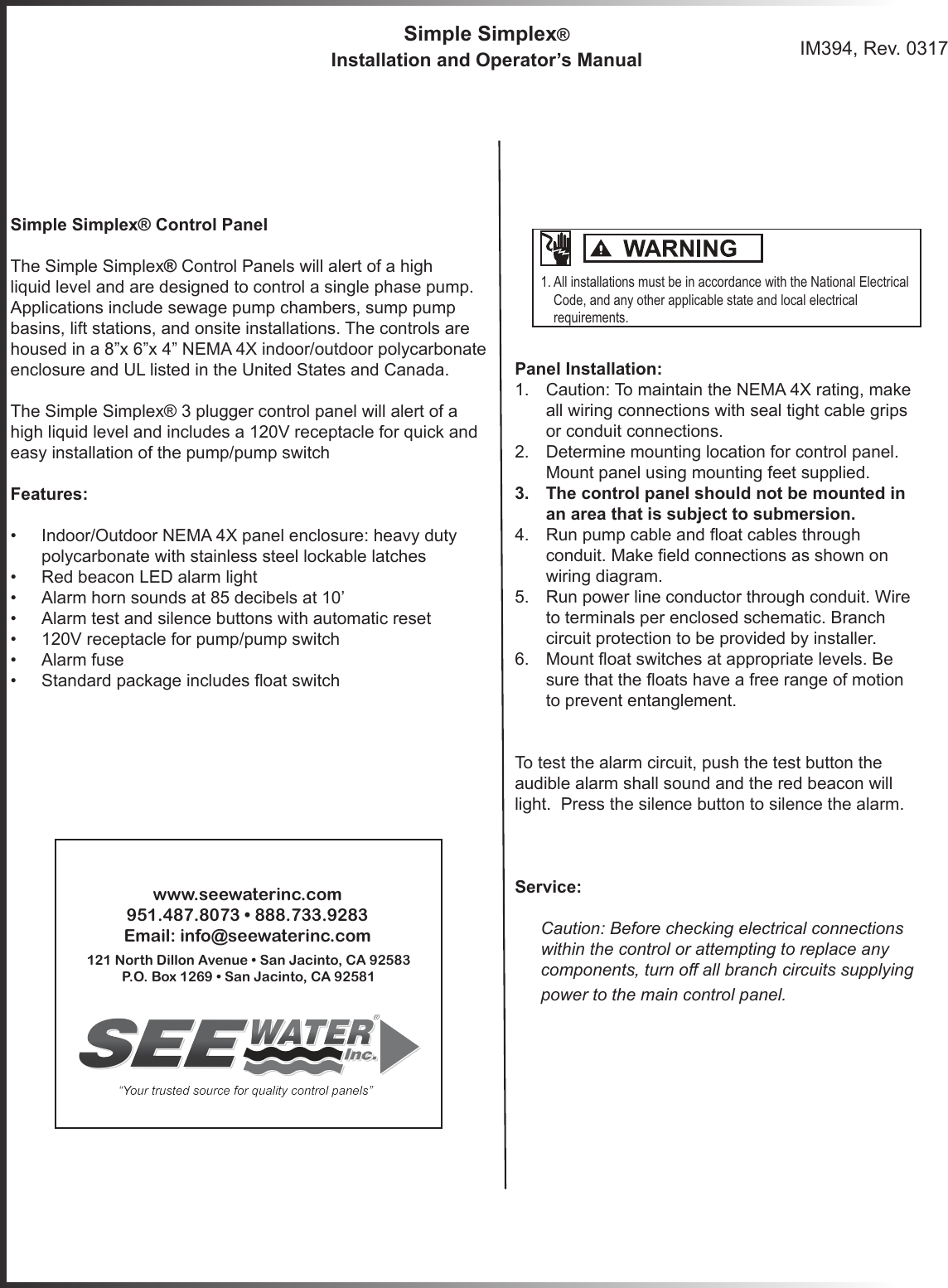 551224 2 See Water Inc. Simple Simplex 3 Control Panel Installation ...