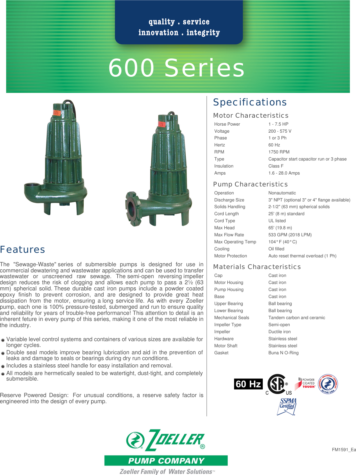 Zoeller Pump Company 6237 2 600 Series Specifications