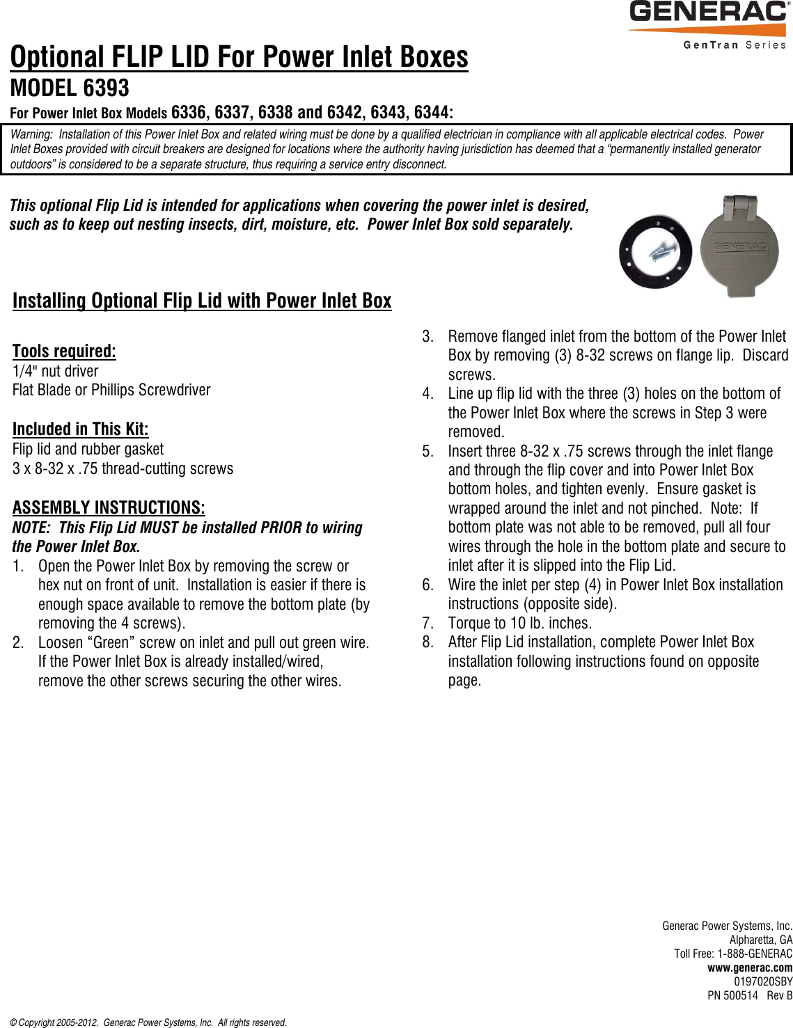 GeneracPIBinstallRevB_Eng 66493 2 Generac 6343 Install Manual