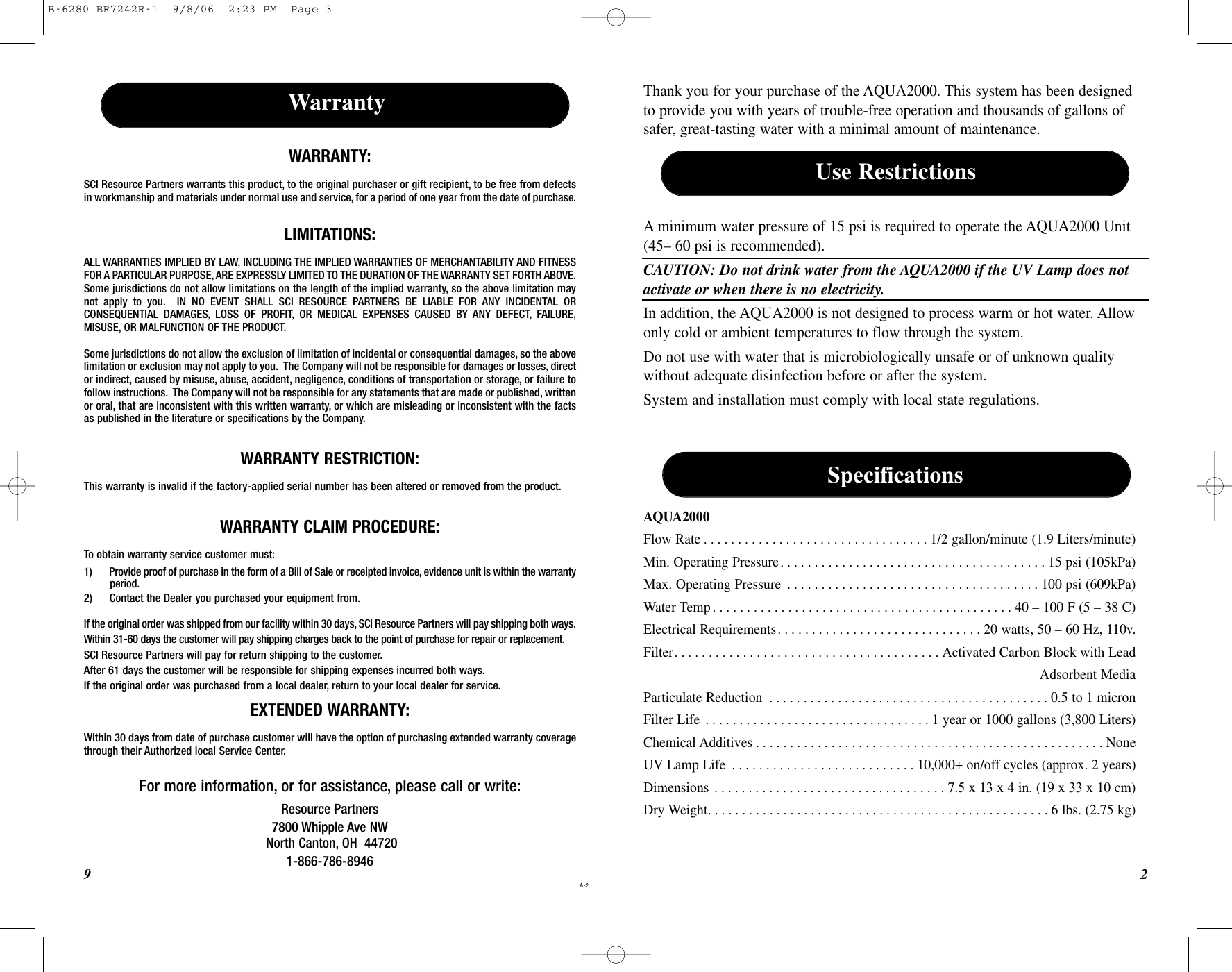 Puratron Products Aqua2000 Users Manual B 6192 BR6908R 1