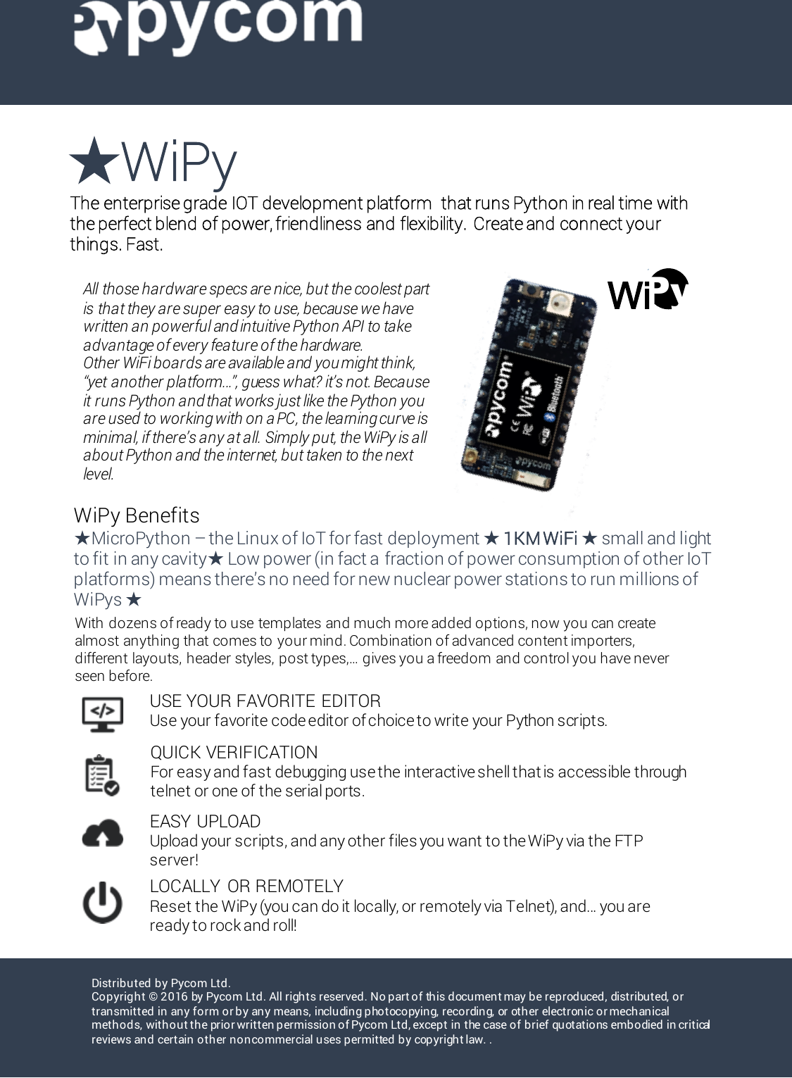 Pycom WIPY2R WiPy User Manual Specfication Sheet WiPy2 0 v1 0