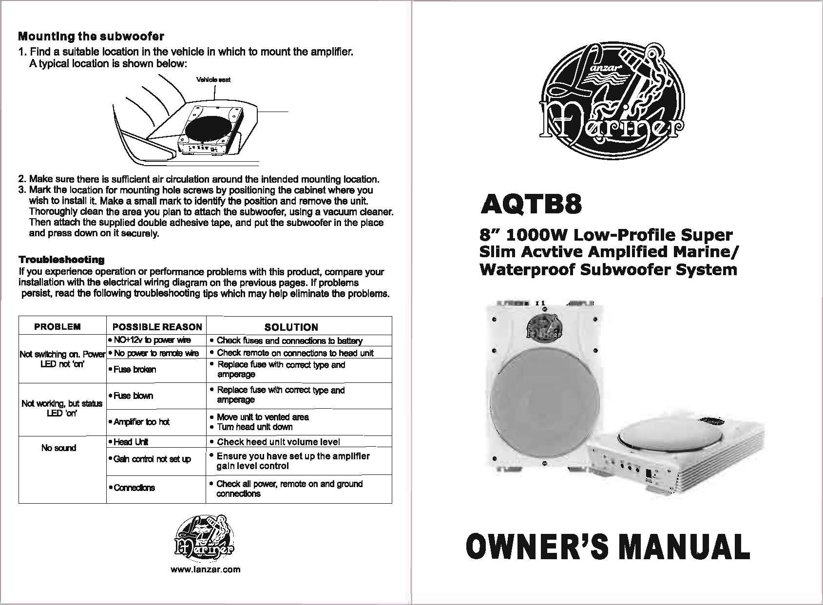 Pyle Audio Speaker Aqtb8 Users Manual