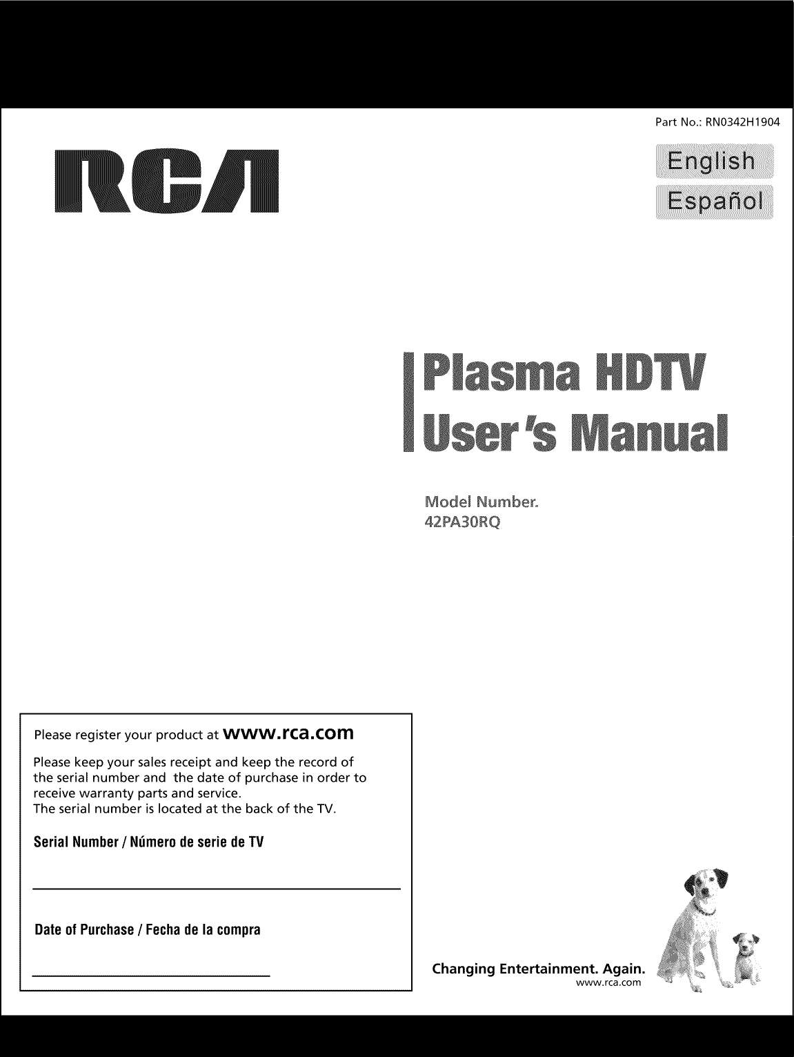RCA 42PA30RQ 1012195L User Manual PLASMA TELEVISION Manuals And Guides