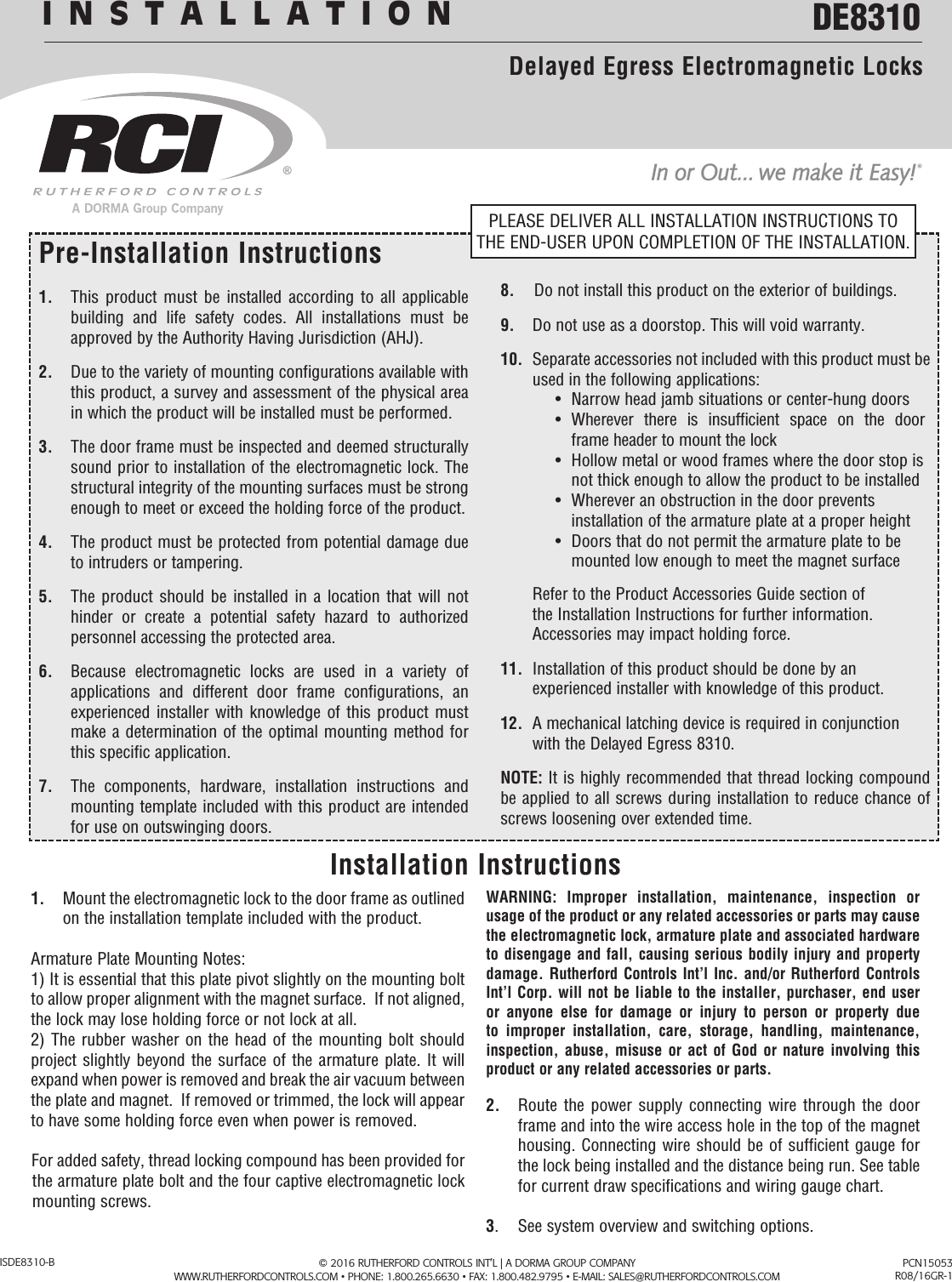 RCI DE8310 Installation DE8310installation