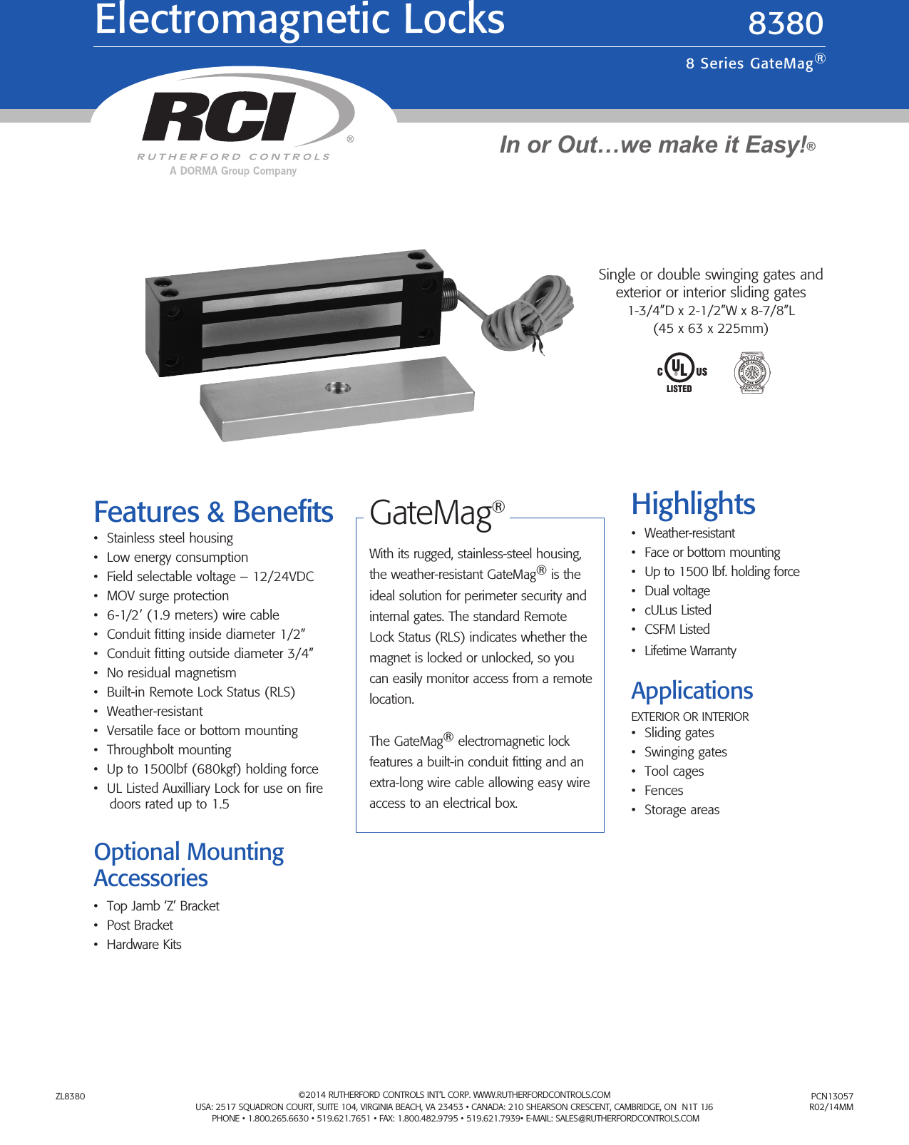 RCI 8380 Gatemag Product Sheet Zl8380 R0214