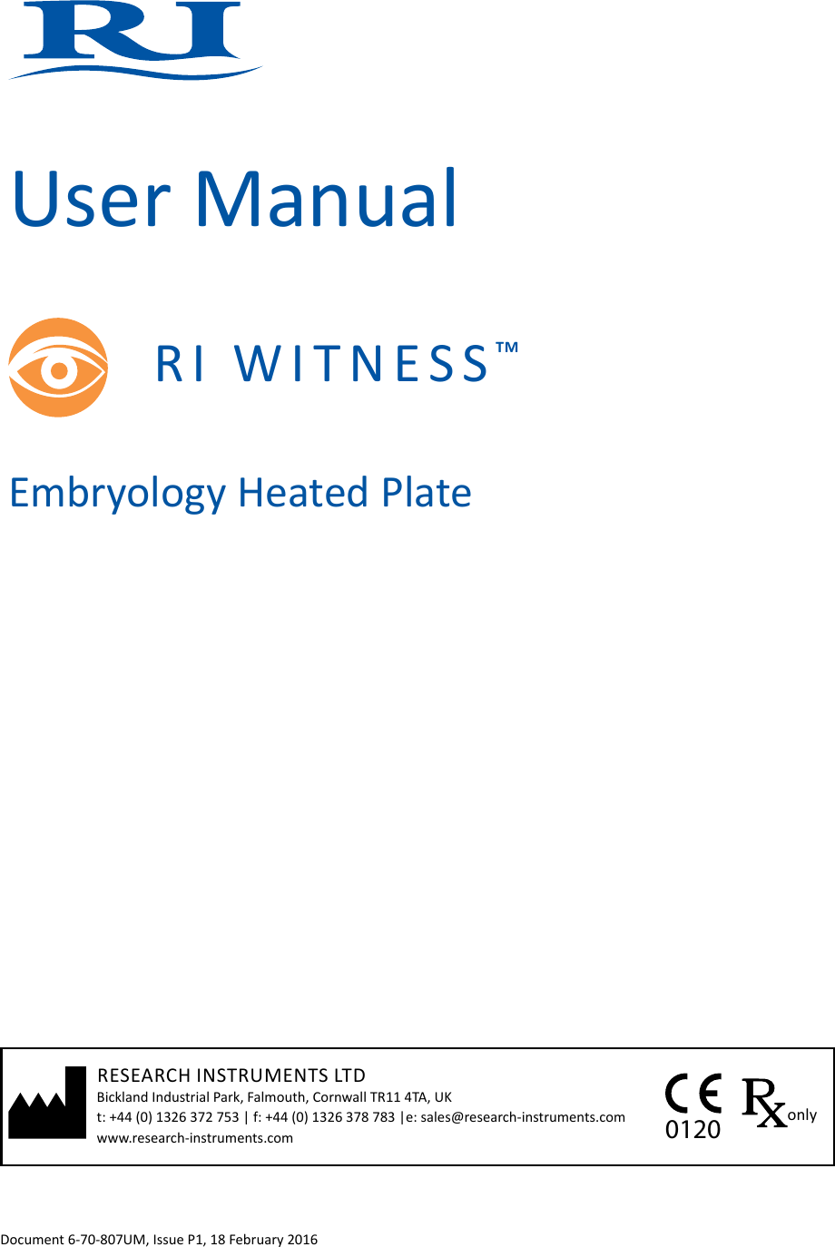 RESEARCH INSTRUMENTS 670807 RI Witness Embryology Heated Plate User Manual
