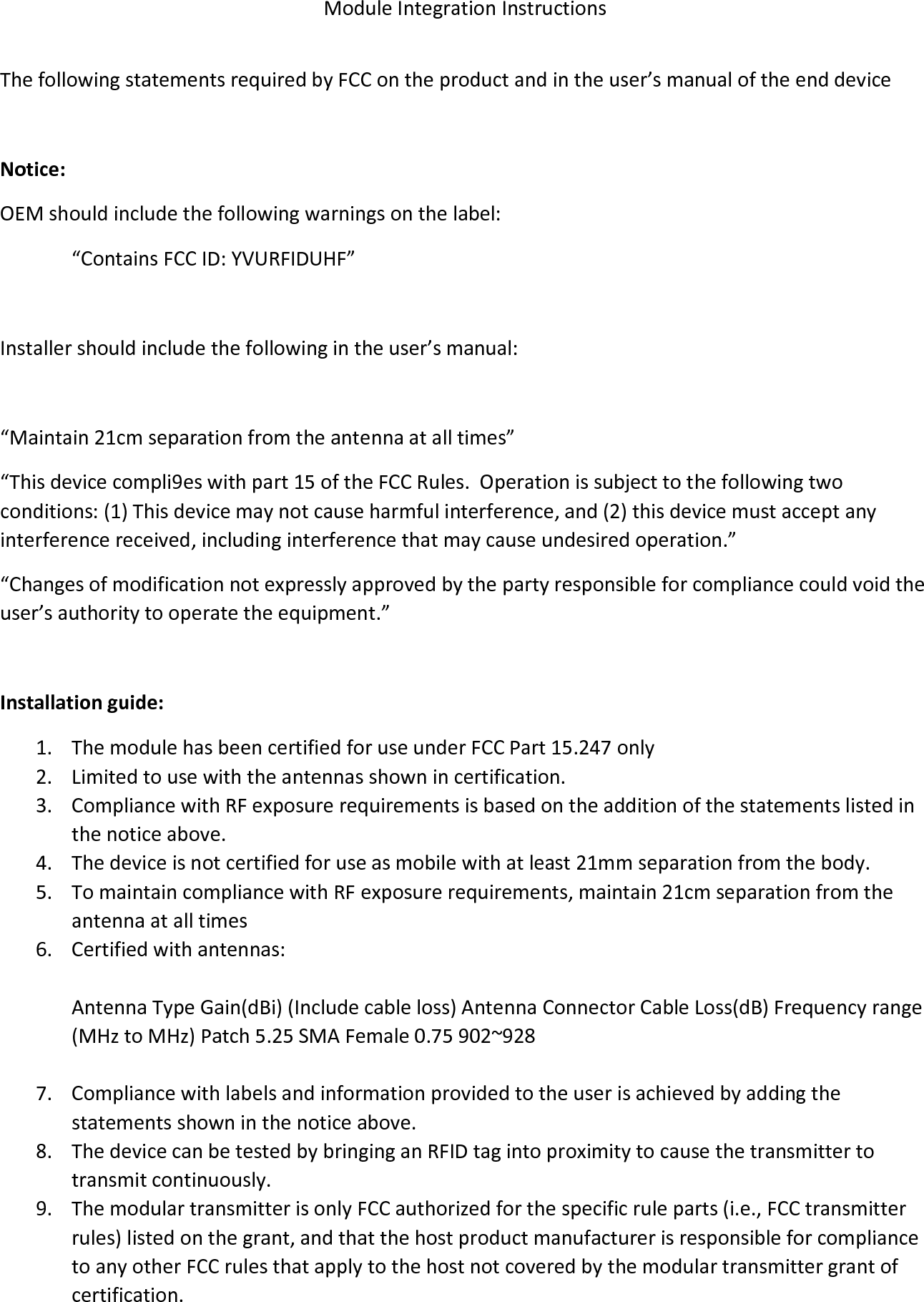 RFID RFIDUHF RFID Module User Manual Installation Manual