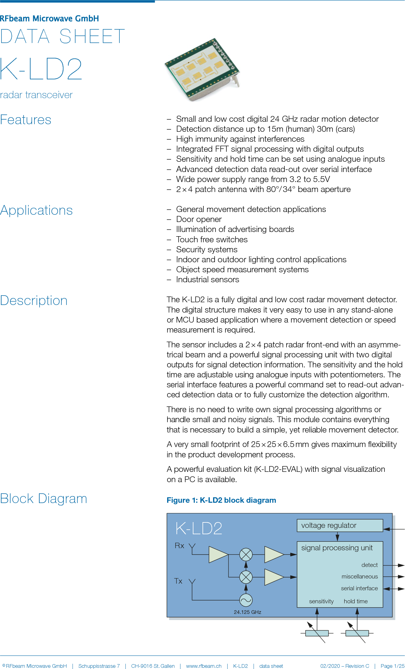 RFbeam Microwave K-LD2 24GHz digital radar transceiver User Manual