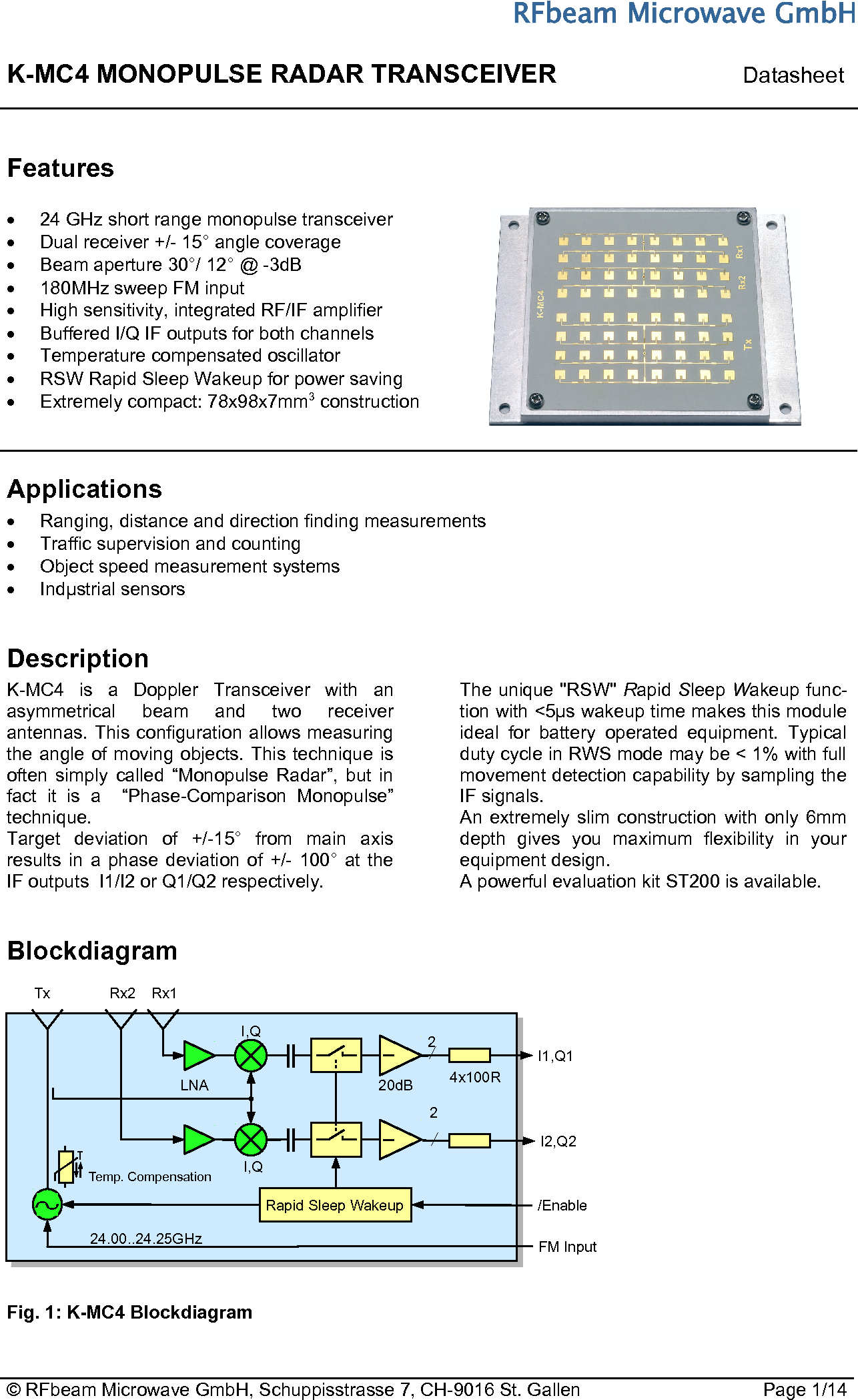 RFbeam Microwave K-MC4 24GHz monopulse radar transceiver User Manual K ...