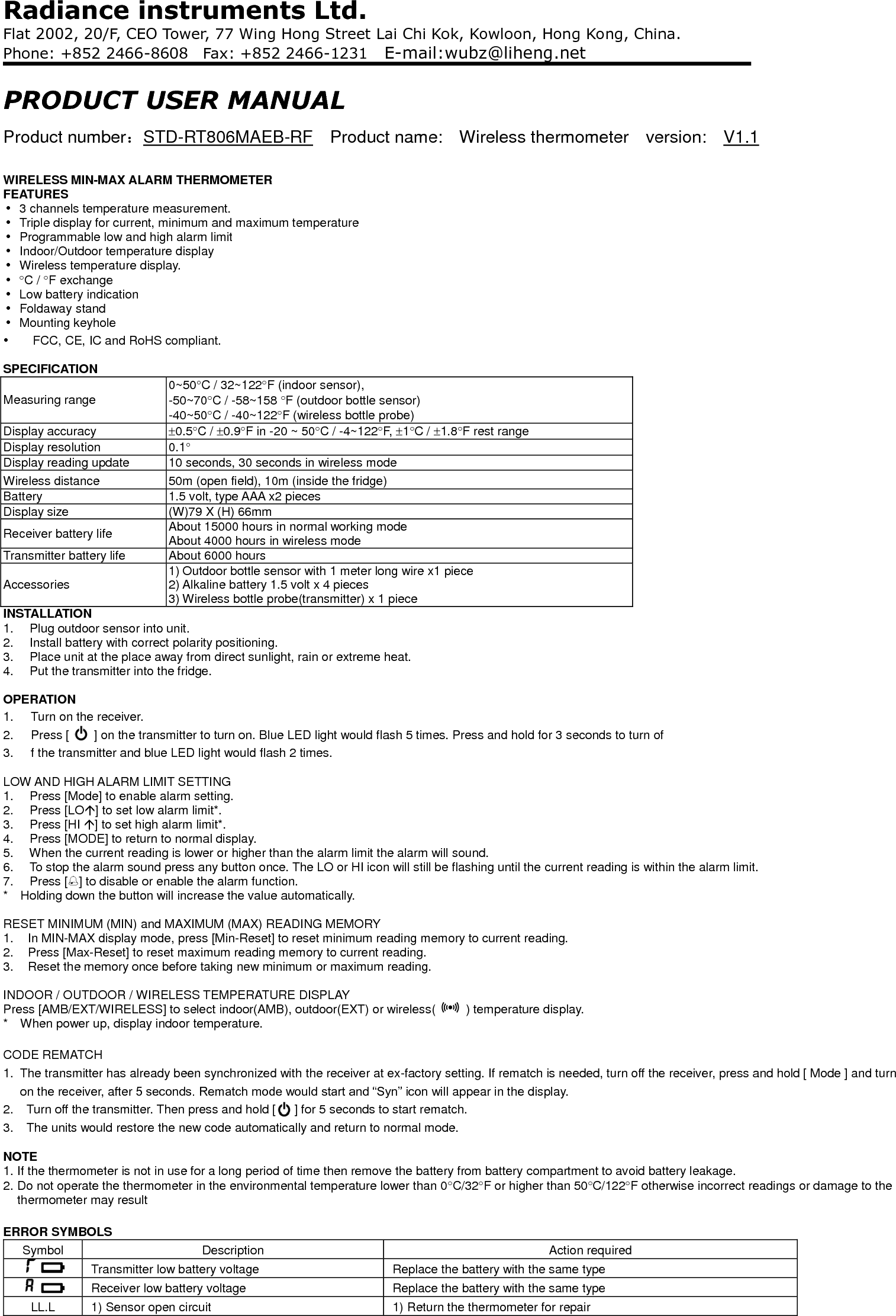 Radiance Instruments 806R Wireless Thermometer User Manual Temperature ...