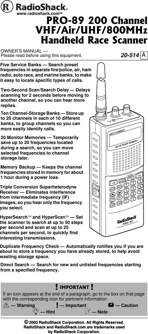 Radio Shack Pro 89 Users Manual 20 514[A]