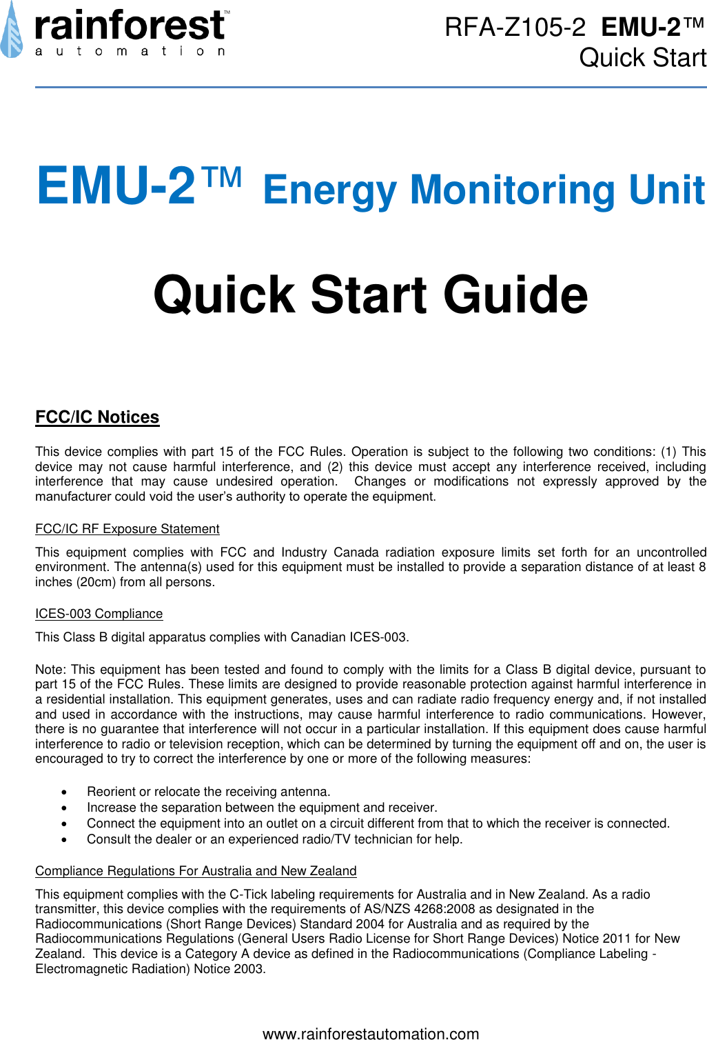Rainforest Automation RFA-Z1052 ENERGY MONITORING UNIT User Manual