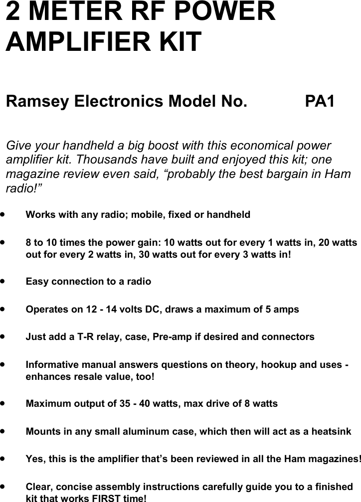 Ramsey Electronics 2 Meter Rf Power Amplifier Kit Pa1 Users Manual