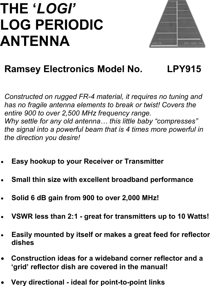 Ramsey Electronics The Logi Log Periodic Antenna Lpy915 Users Manual R1_1