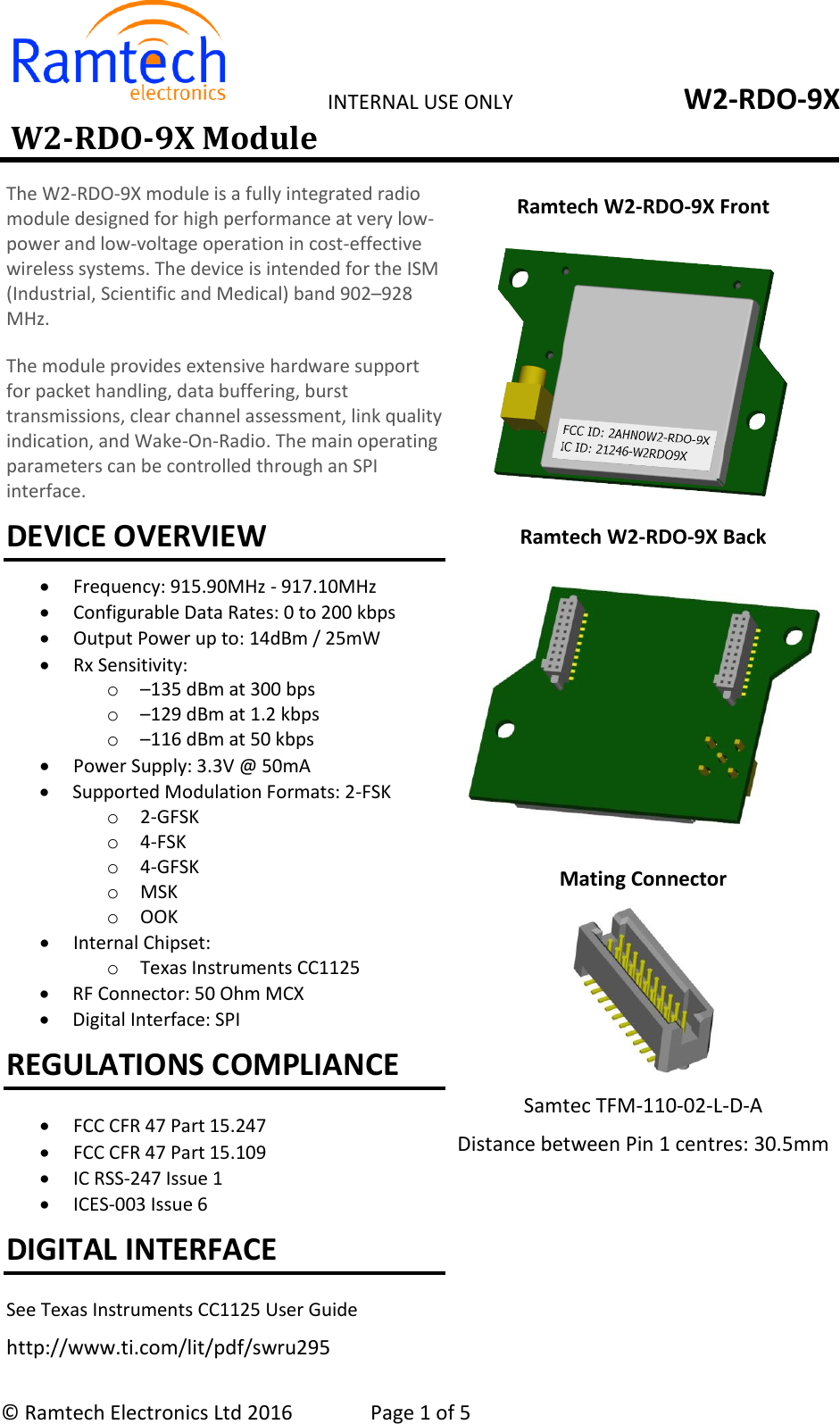 Ramtech Electronics W2-RDO-9X WES+916.5MHz Radio Module User Manual W2 ...