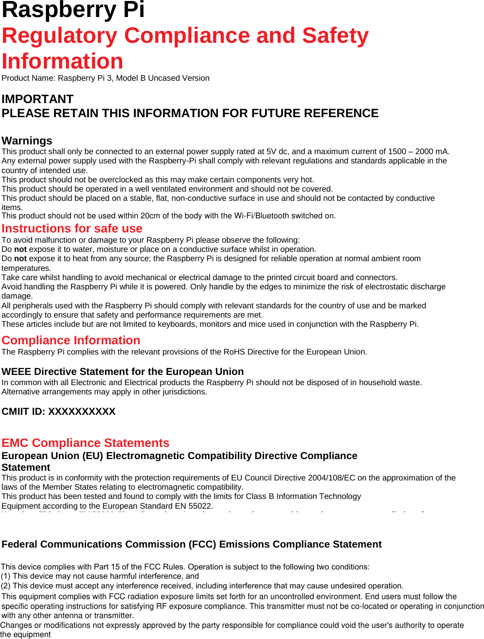 Raspberry Pi Rpi32 Raspberry Pi 3 Model B Single Board Computer User Manual