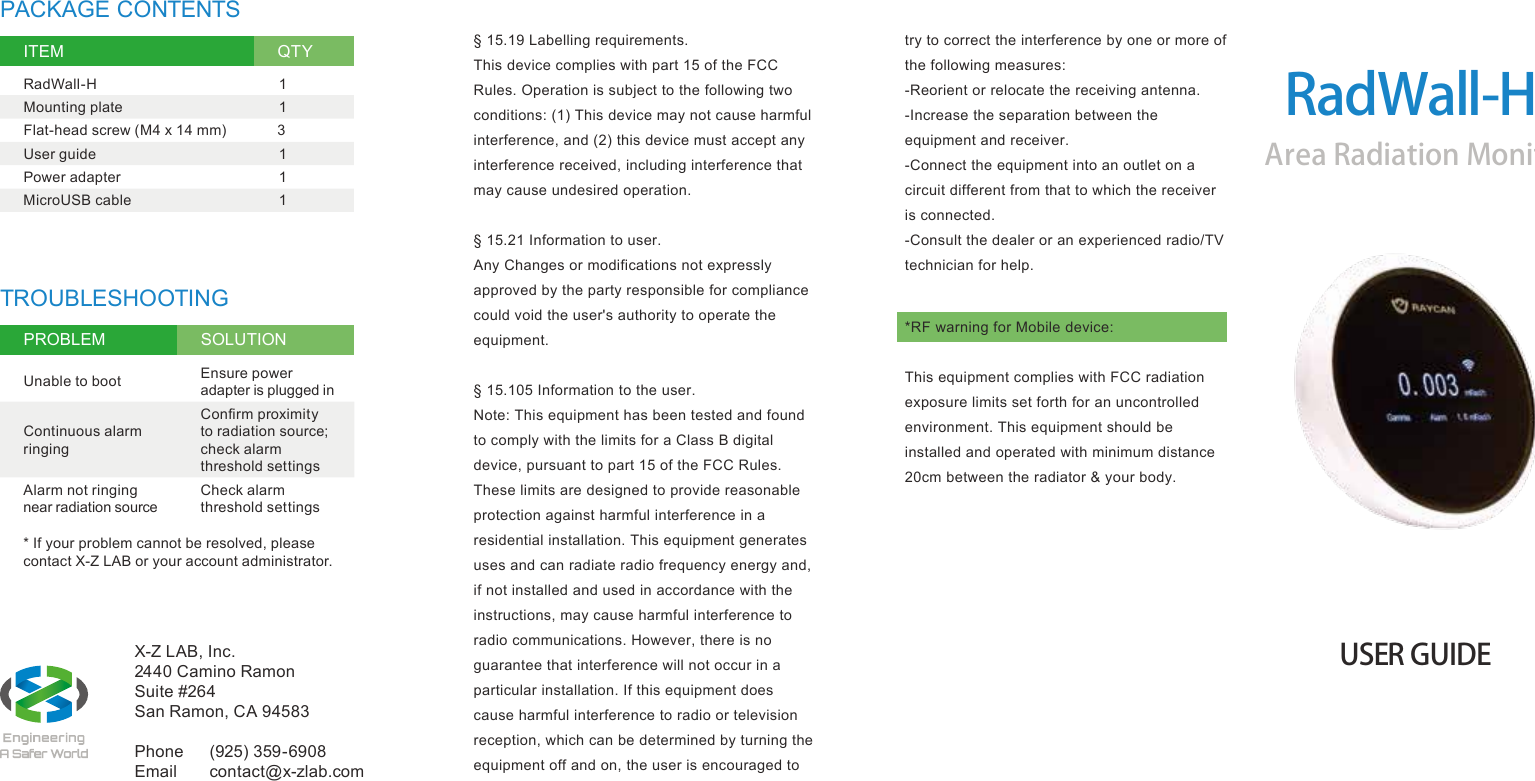 Raycan Technology RADWALL Area radiation monitor User Manual RadWall H ...
