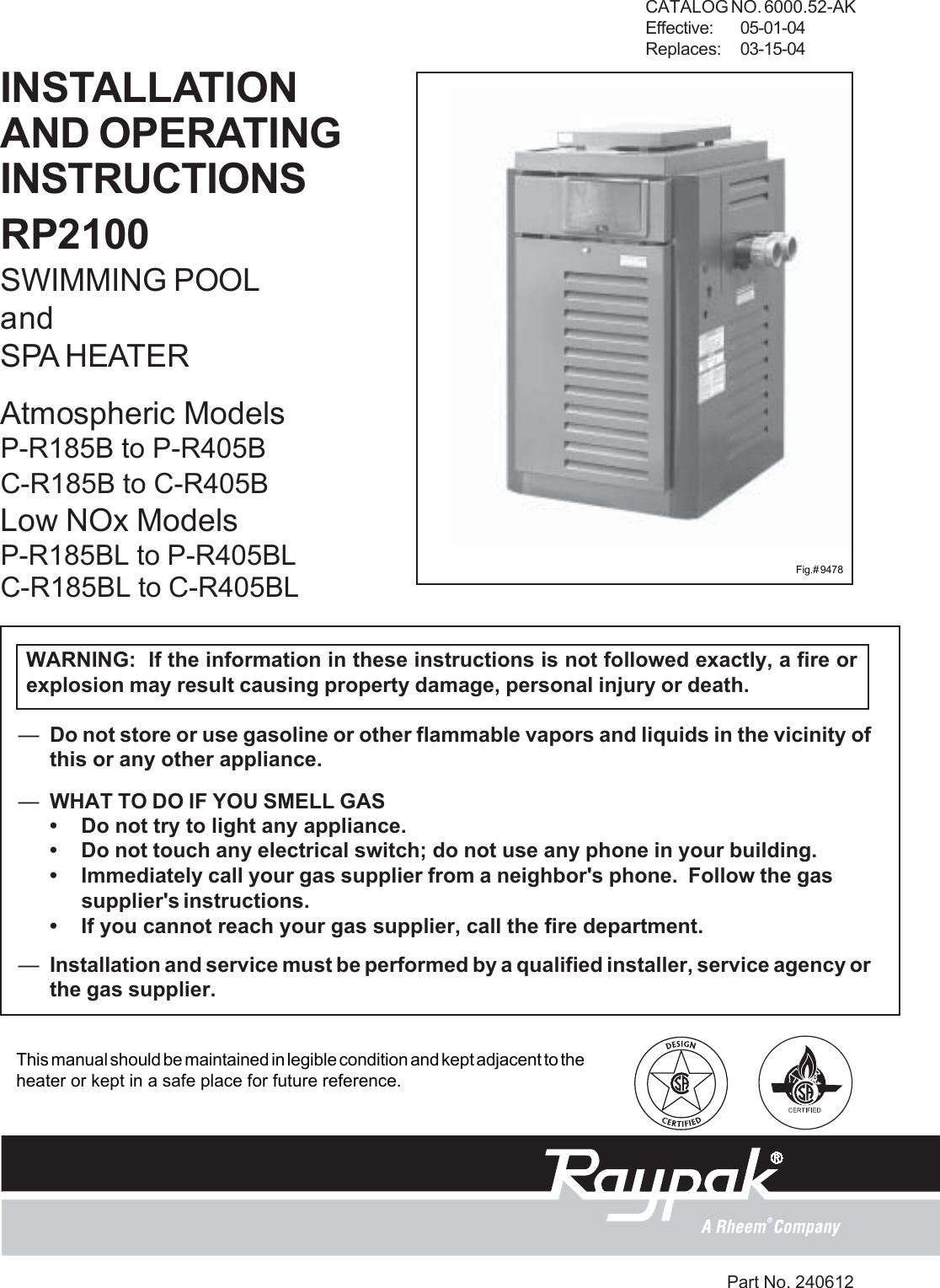 Raypak P R185B To R P405B C R405B R185Bl R405Bl Users Manual 6000.52 New RP2100 AI.pmd