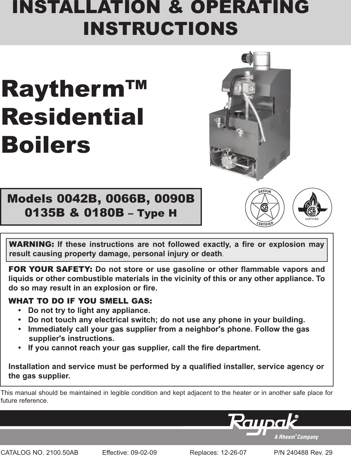 Raypak Raytherm 0180B Users Manual 6000.59 New RP2100