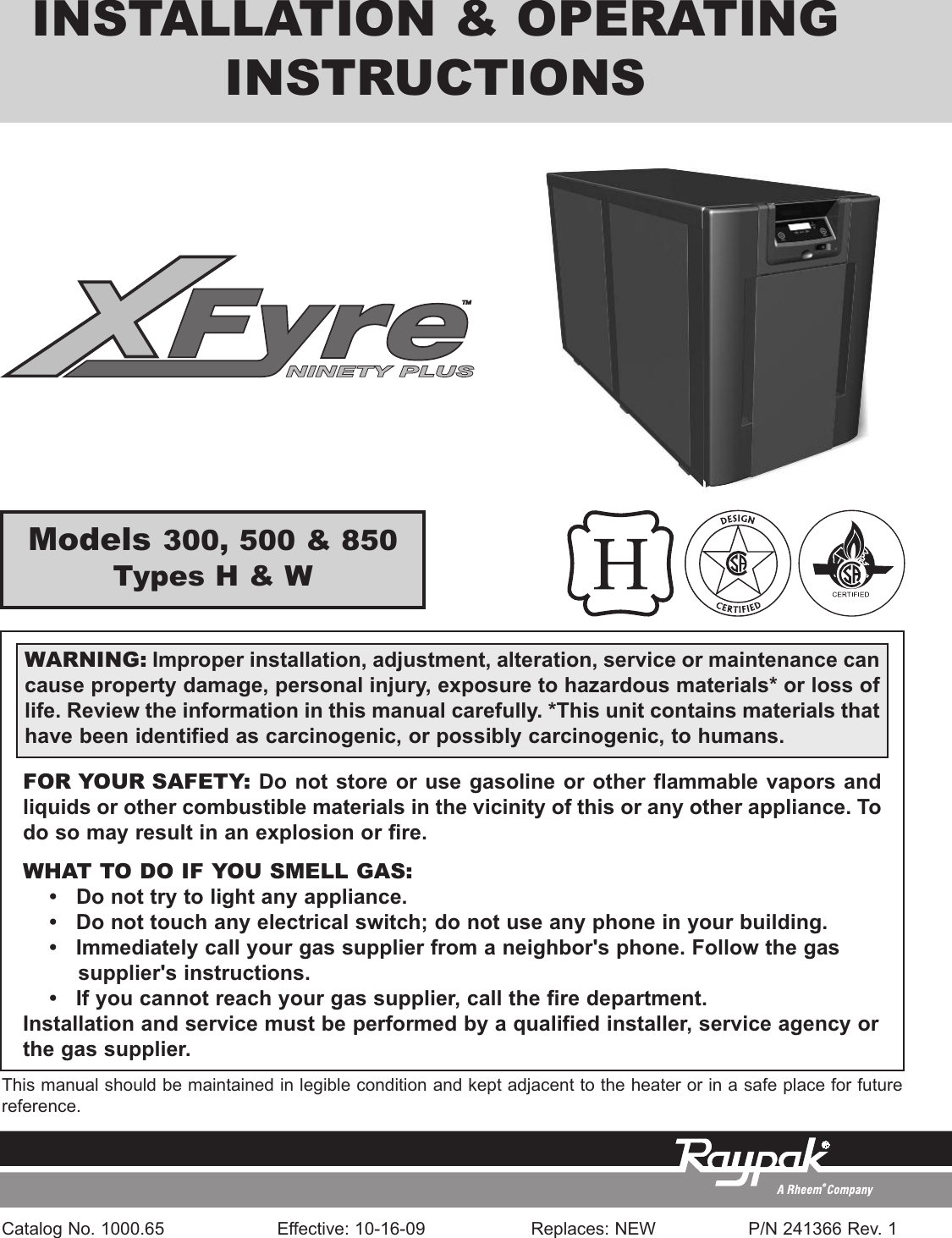 Raypak Xfyre Ninety Plus 300 Users Manual 1000.65