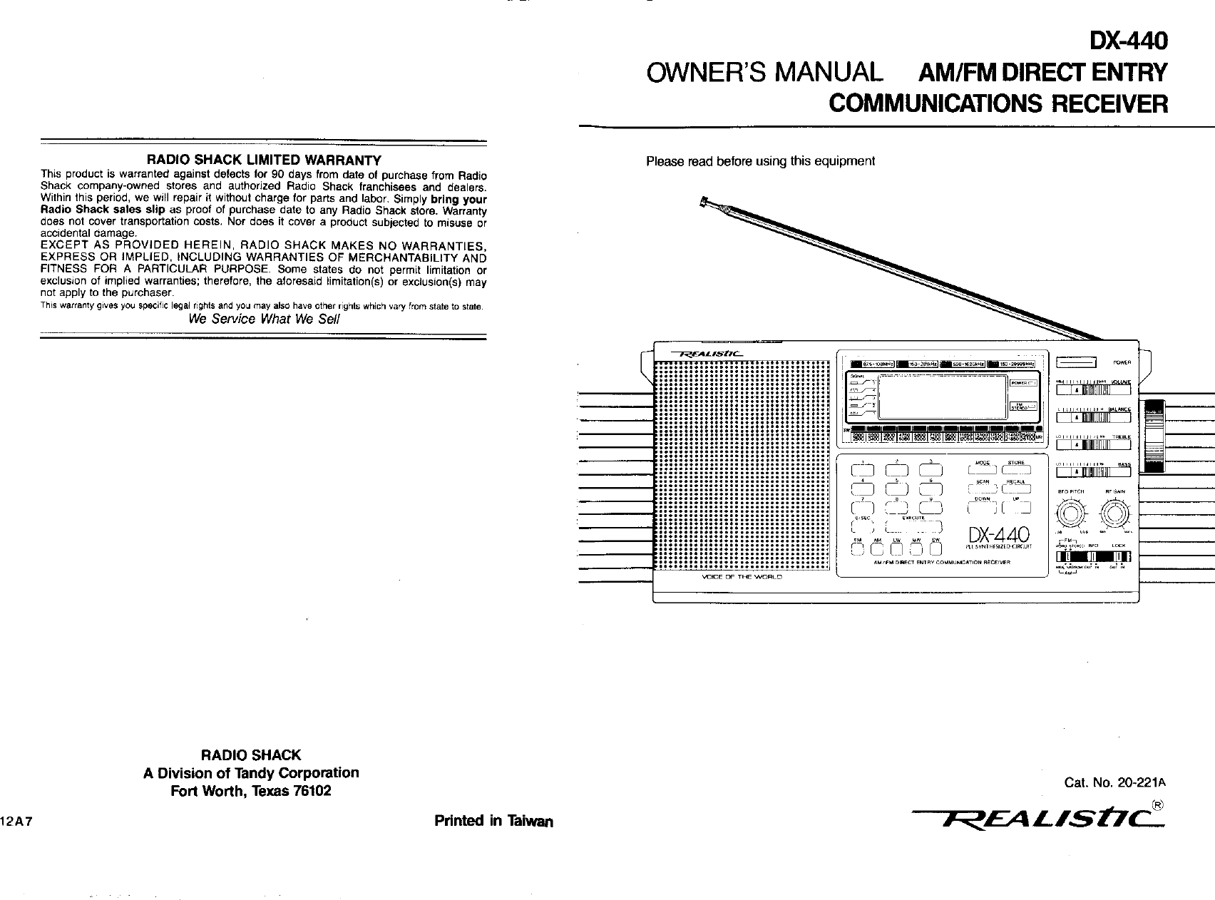 Realistic Car Satellite Radio System Dx 440 Users Manual