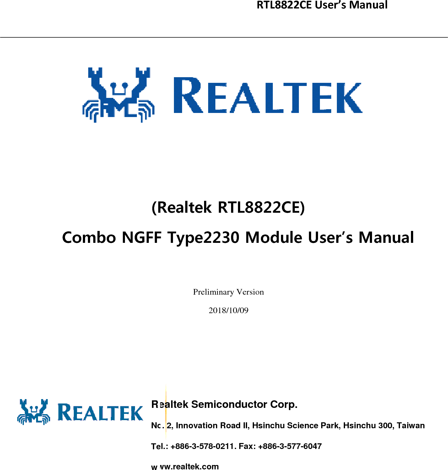 Realtek Semiconductor RTL8822CE 802.11a/b/g/n/ac RTL8822CE Combo Module ...