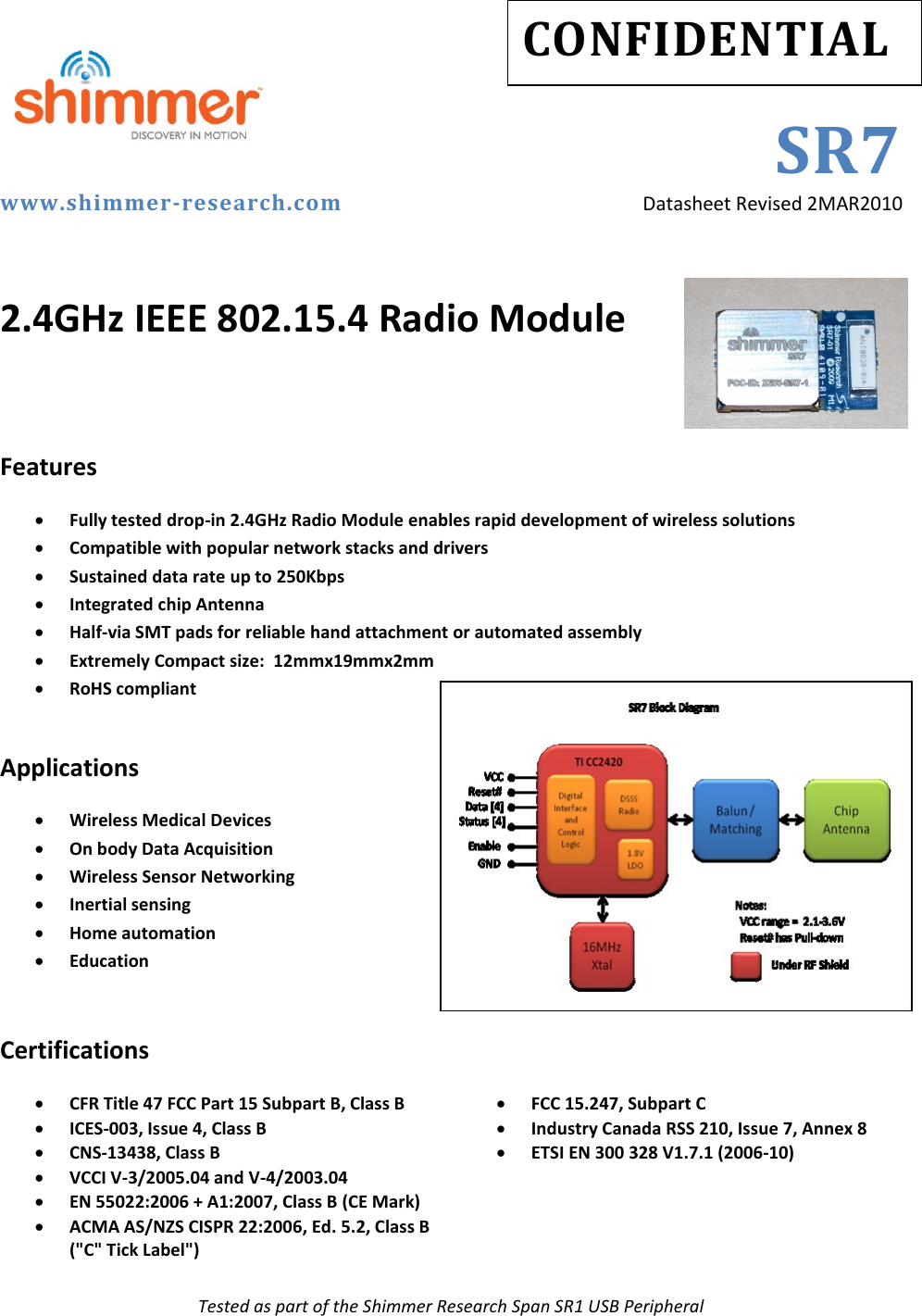 Realtime Technologies SR7-1 2.4 GHz IEEE 802.15.4 RADIO MODULE User Manual