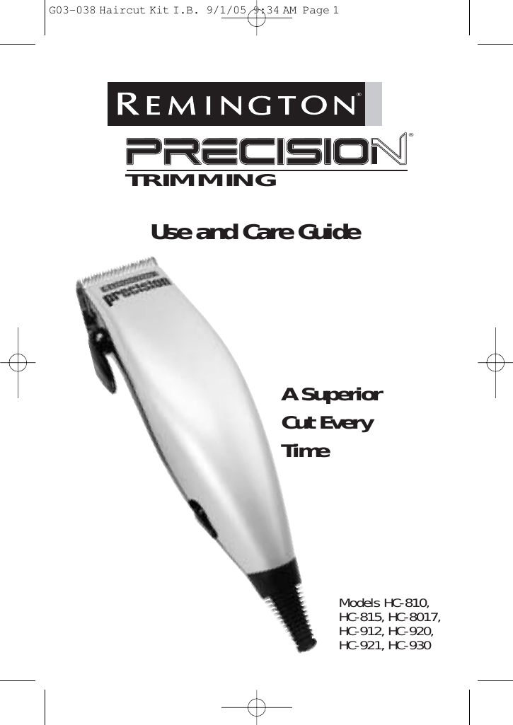 Remington Hc 810 815 8017 912 920 921 930 G03 038 Users Manual Haircut ...