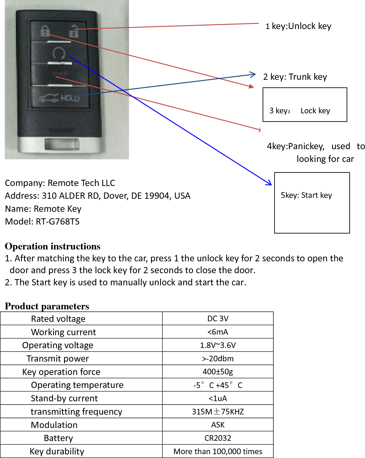 Remote Tech G768T Remote Key User Manual
