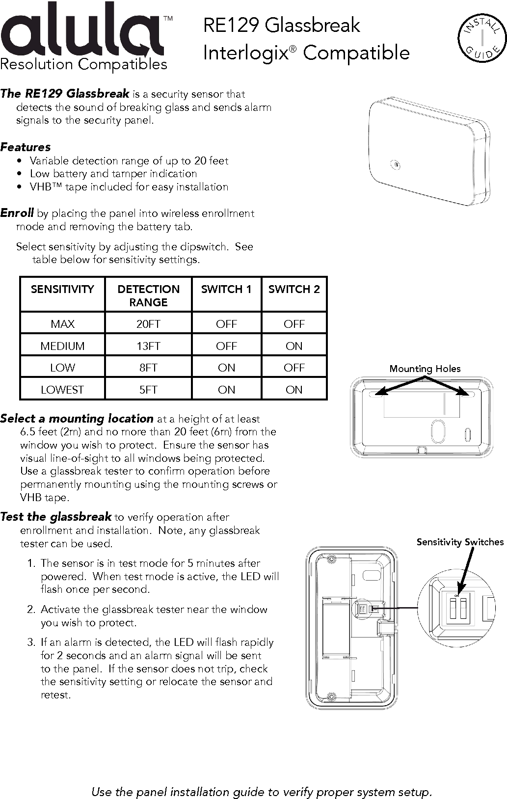 Resolution RE129 Glass Break Sensor User Manual