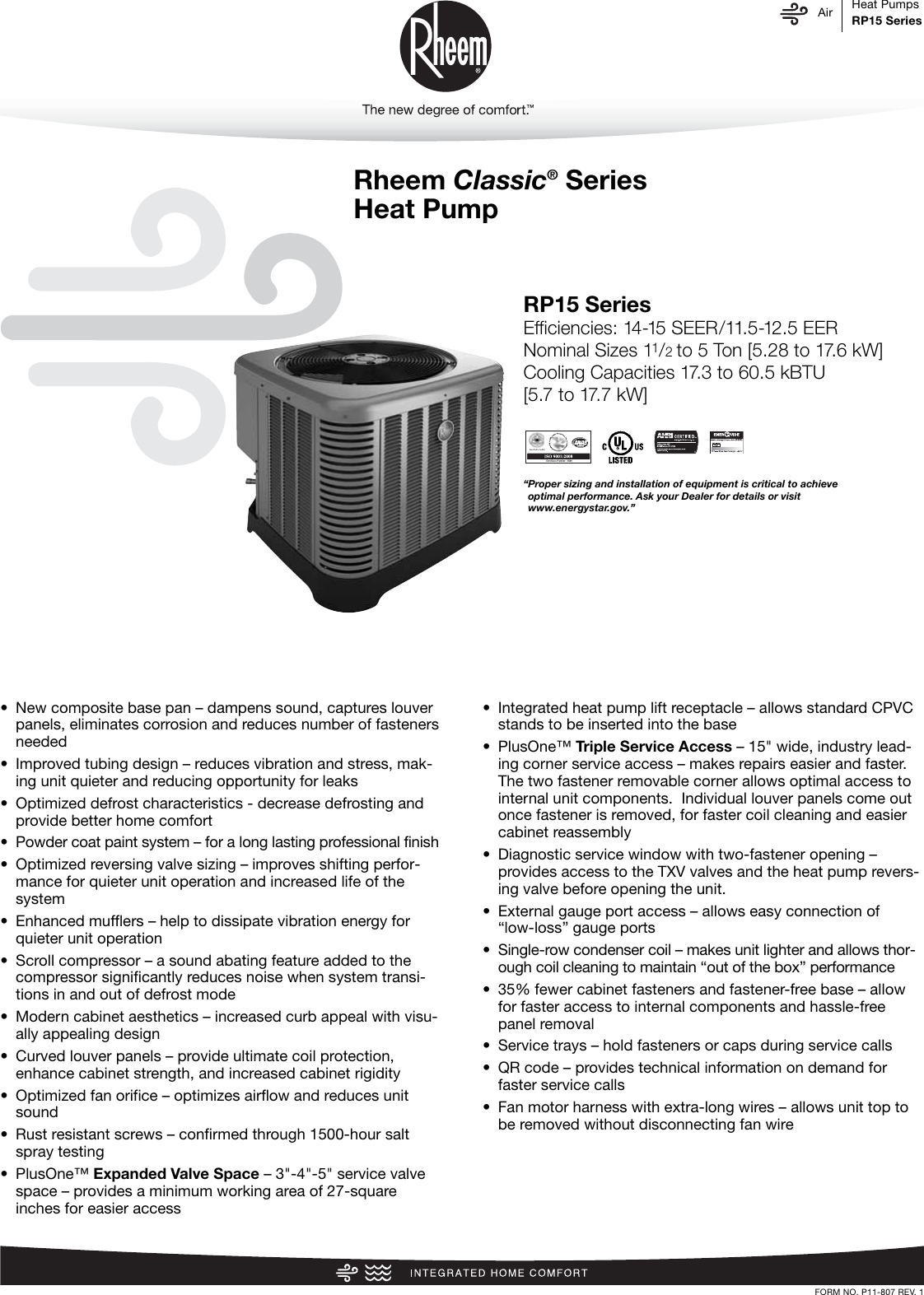 Rheem Classic Series Single Stage Rp15 Specification Sheet