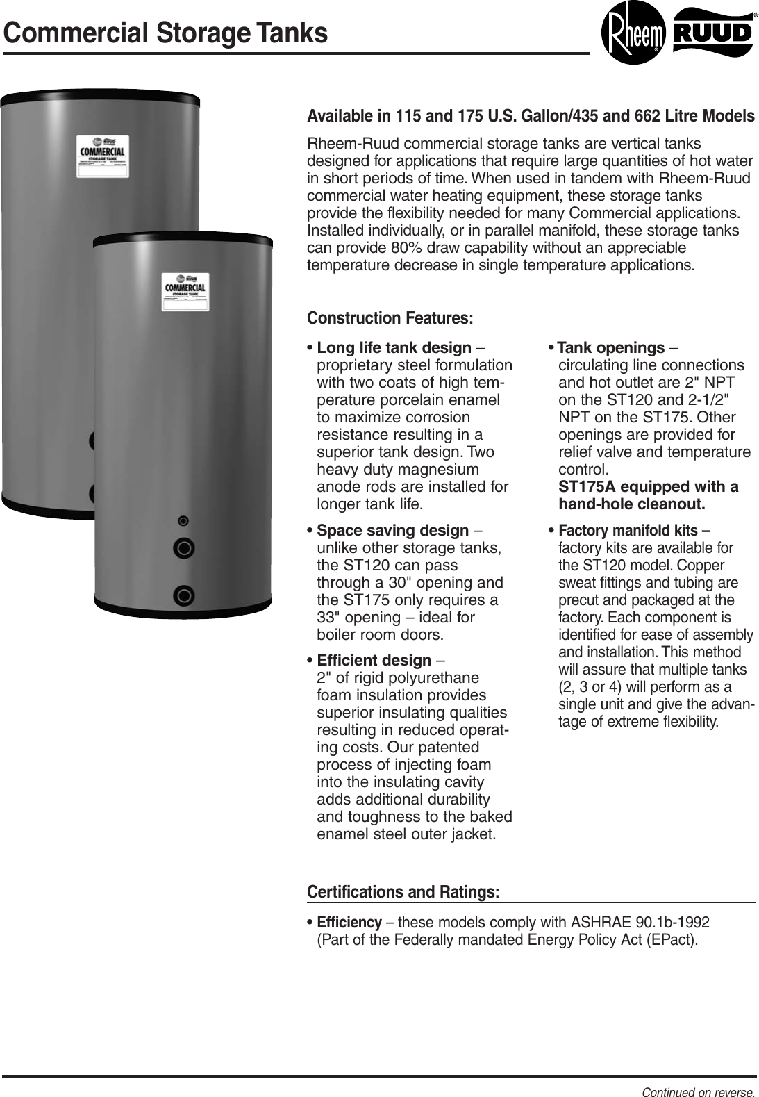 Rheem Commercial Storage Tanks115 175 Gallon Users Manual RR102C 3CAN