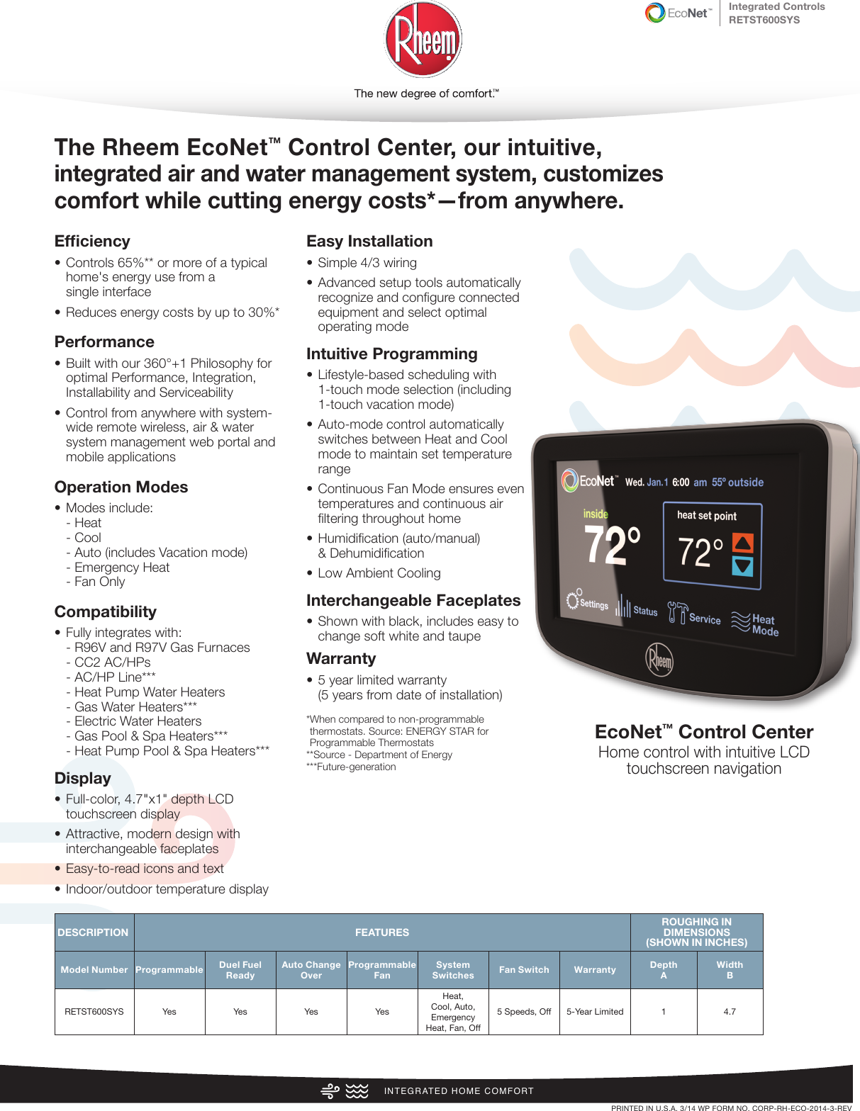 Rheem Econet Control Center Specification Sheet