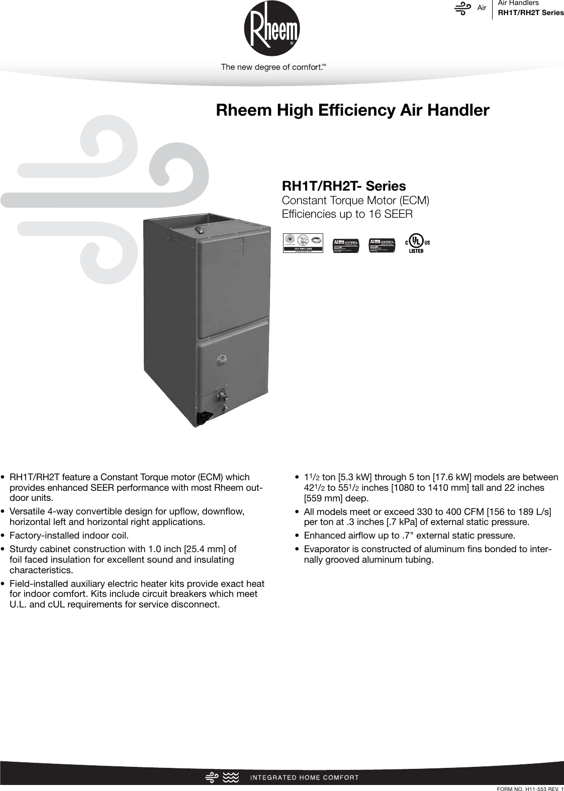 Rheem Standard Efficiency X 13 Motor Rh1T Rh2T Specification Sheet