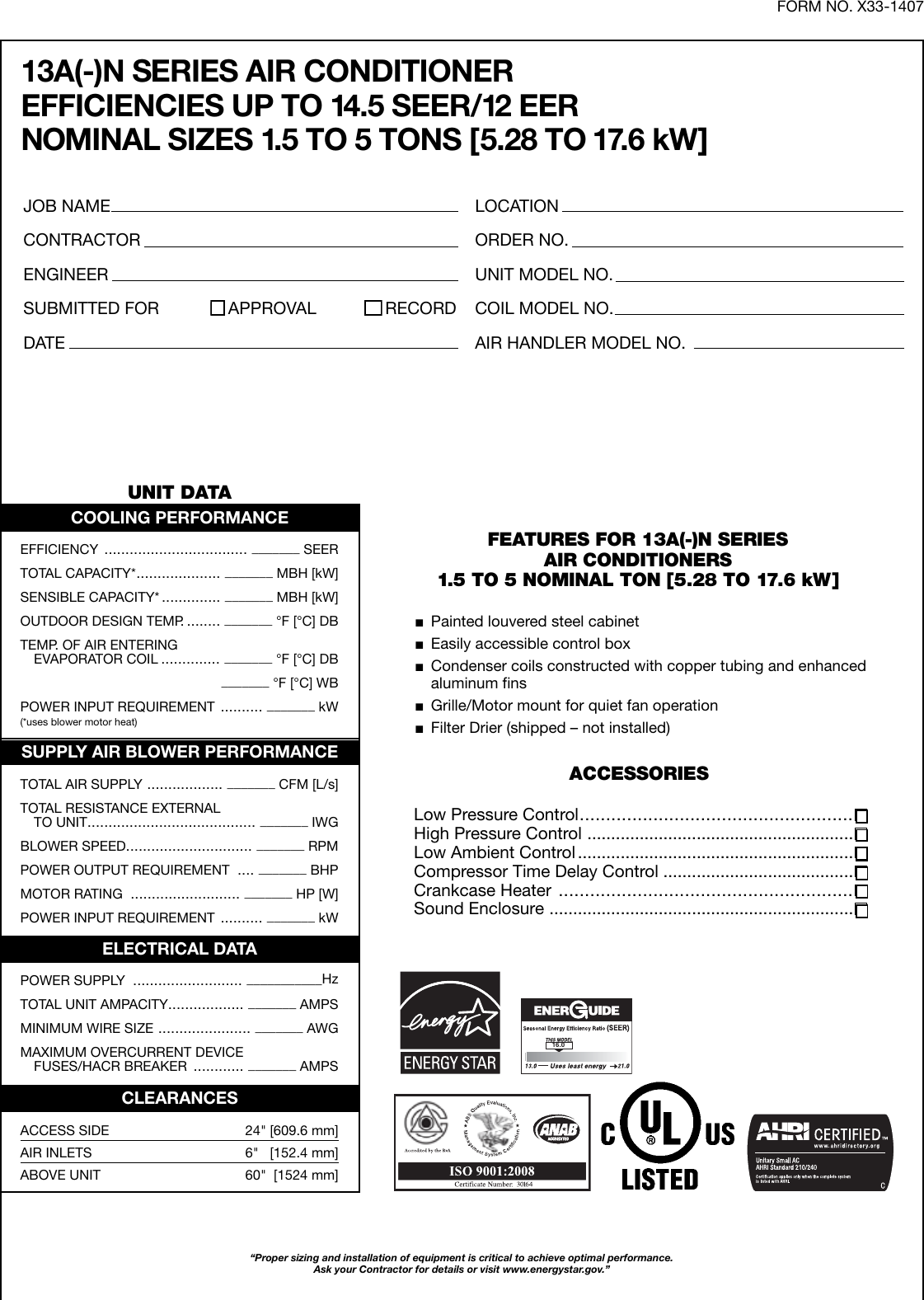 Rheem Value Series Single Stage Submittal Sheet