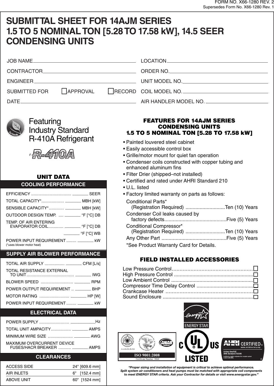 Rheem Value Series Single Stage Submittal Sheet