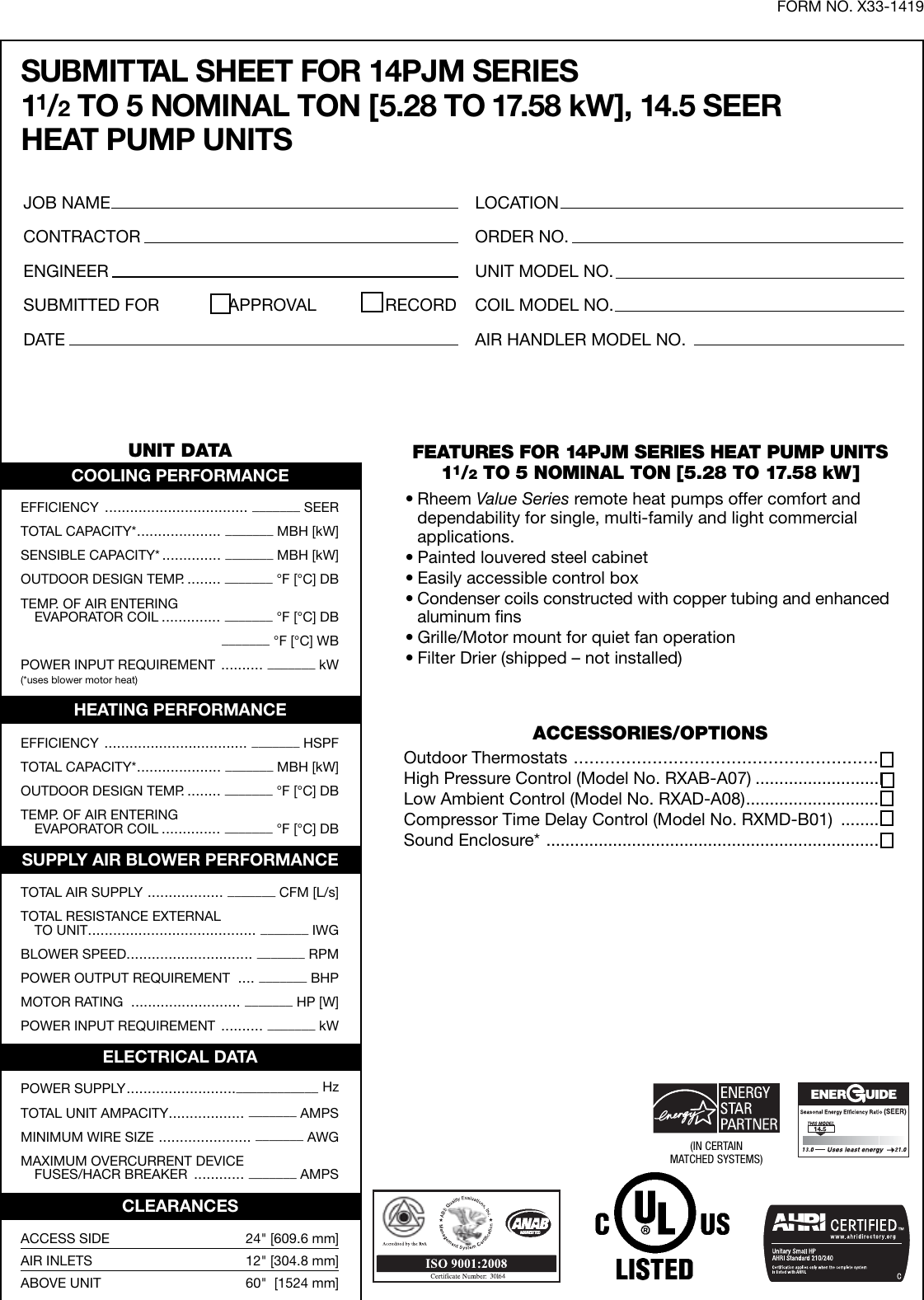 Rheem Value Series Single Stage Submittal Sheet
