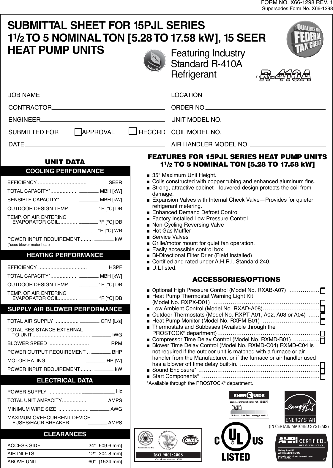 Rheem Value Series Single Stage Submittal Sheet