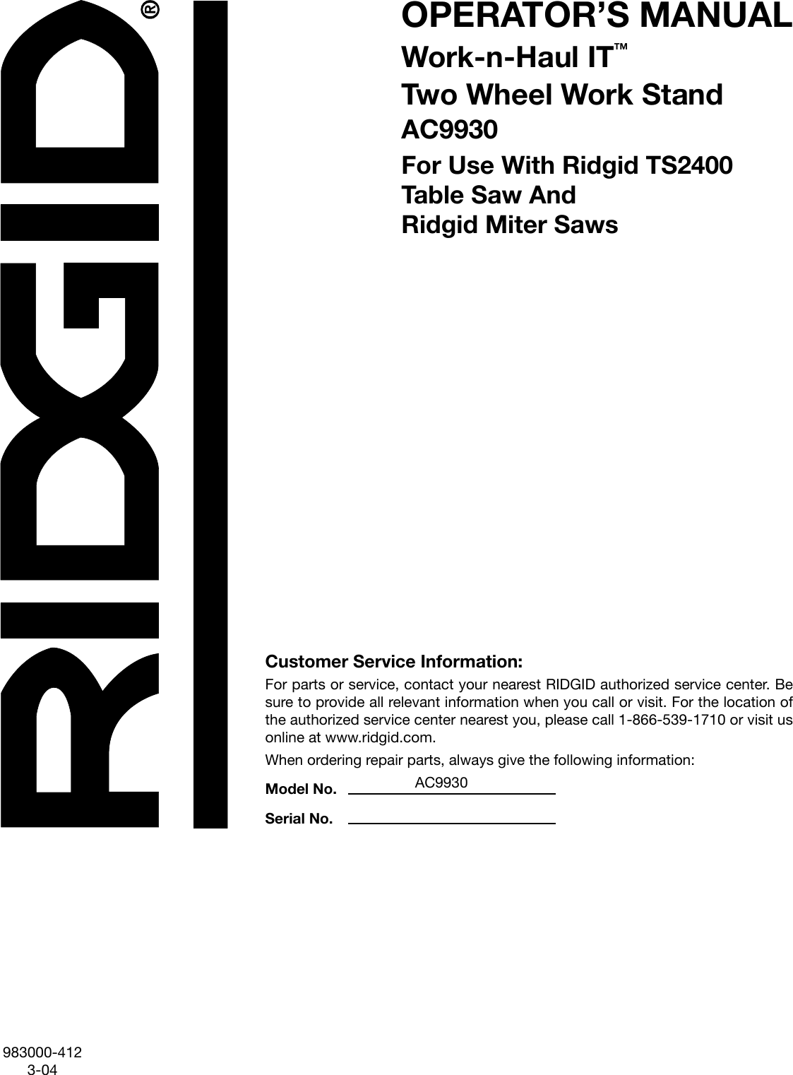 Ridgid Ac9930 Users Manual