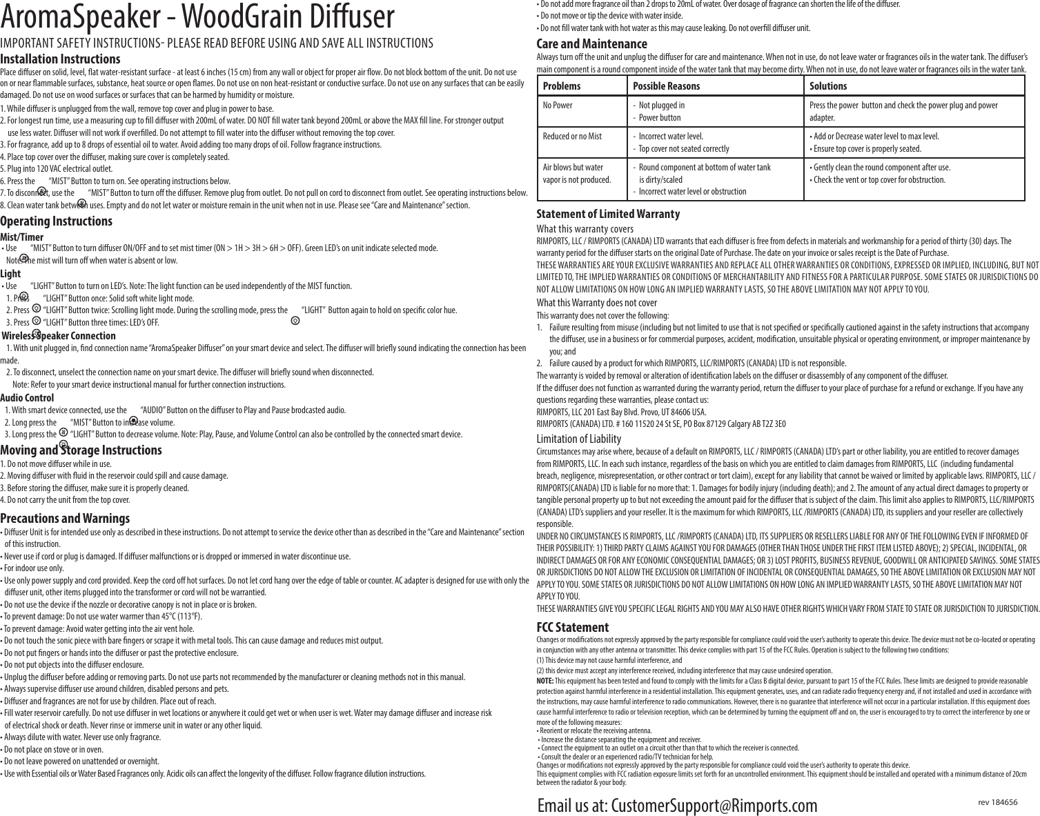 Rimports RIMWBD AromaSpeaker-WoodGrain Diffuser User Manual