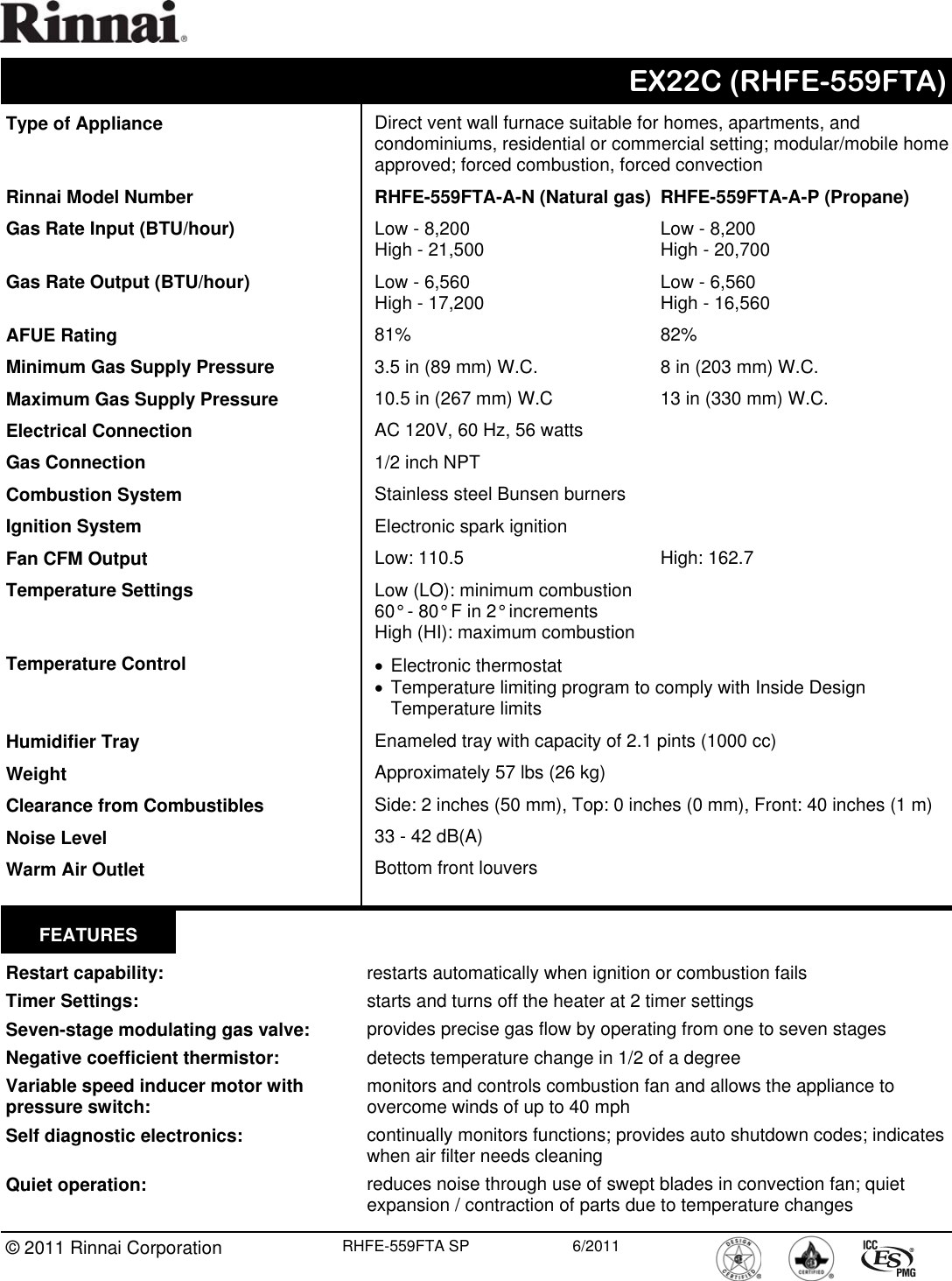Rinnai Ex22C Rhfe 559Fta Specification Sheet